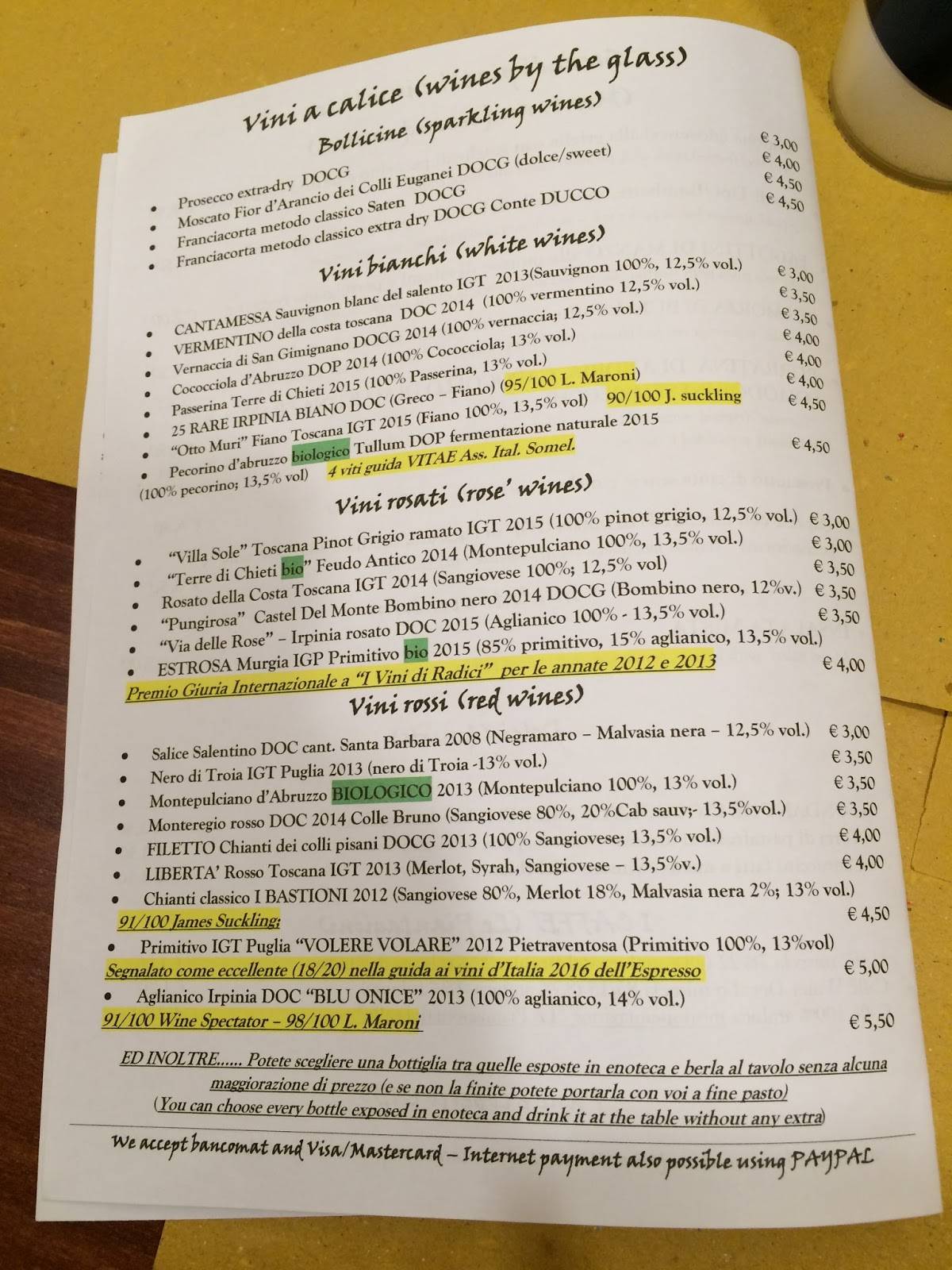 Menu at Da Matteo restaurant, Pisa, Via l'Arancio