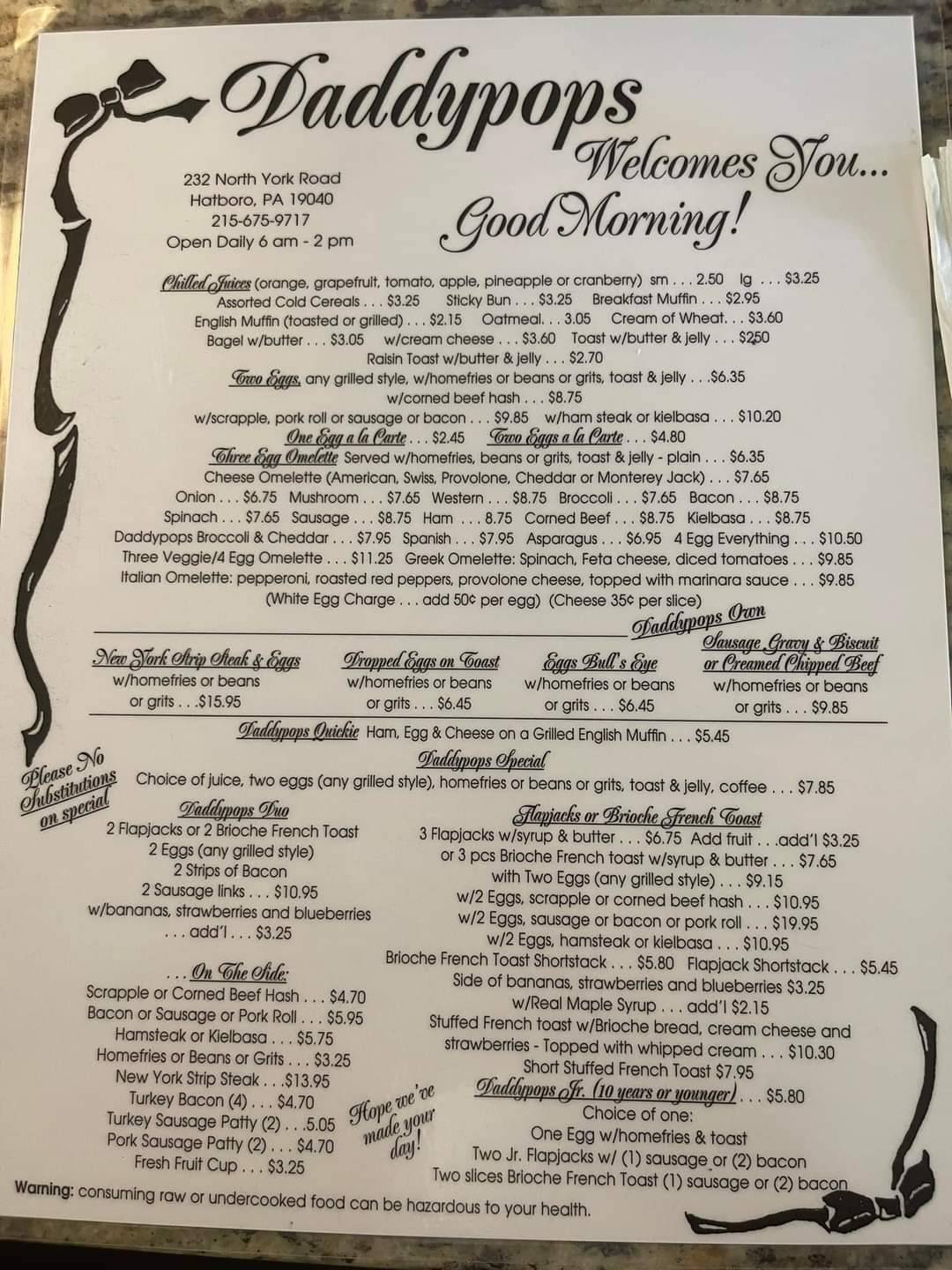 Menu at Daddypops Diner restaurant, Hatboro