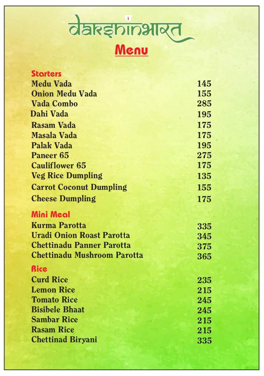 Menu at Dakshin Bharat, Gurugram