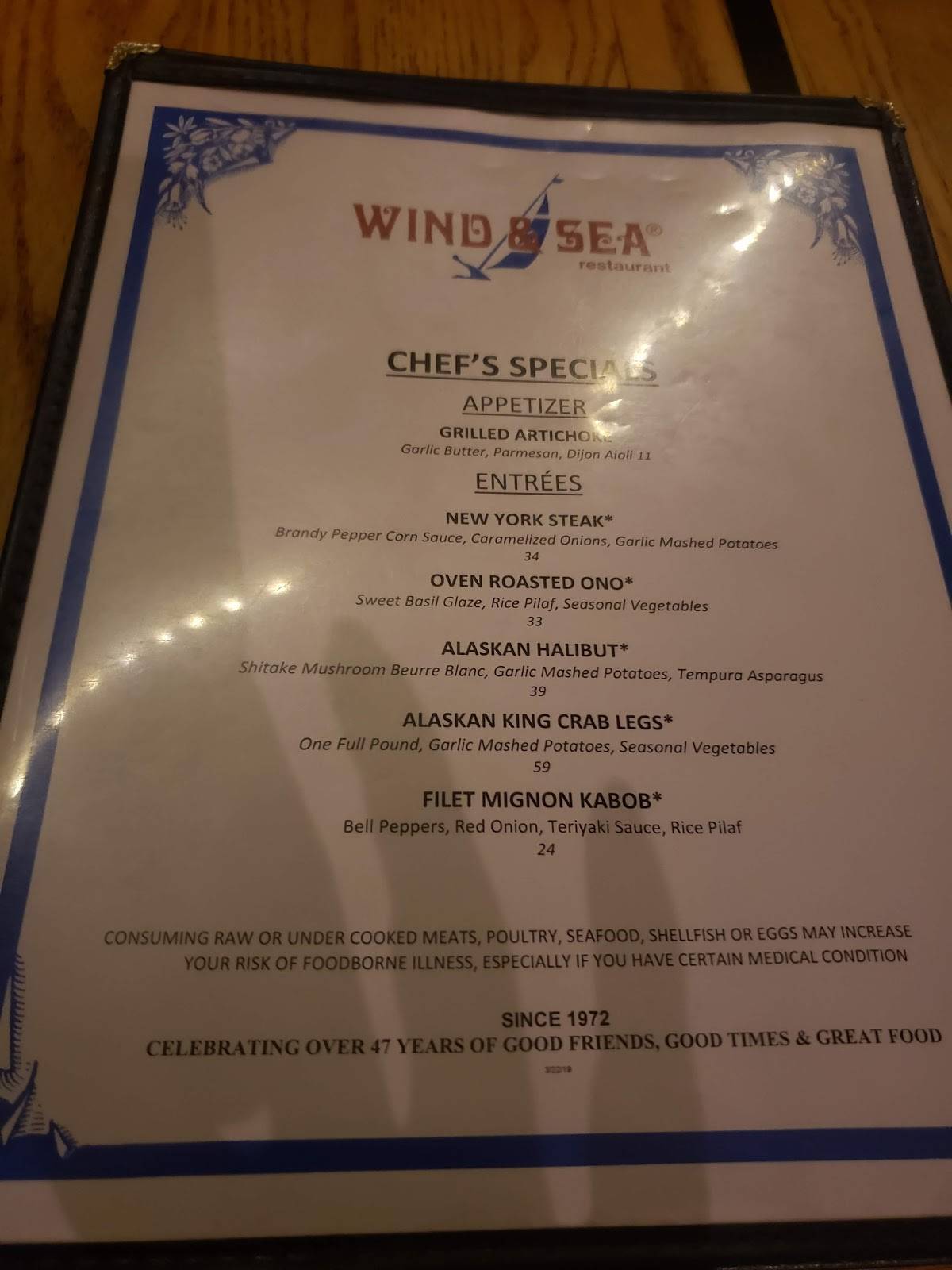 Menu at Wind & Sea Restaurant, Dana Point