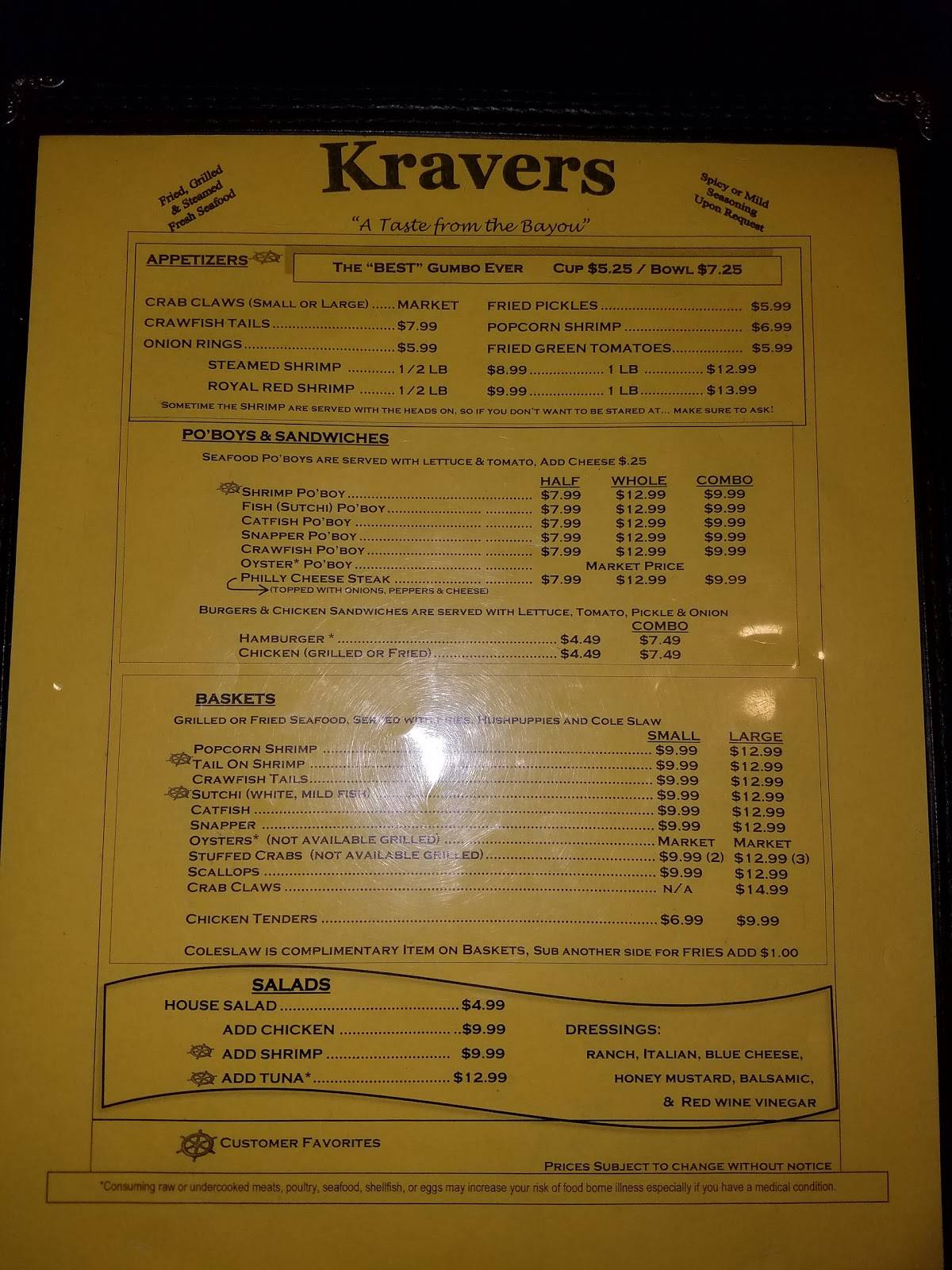 Menu at Kravers Seafood Daphne restaurant, Daphne