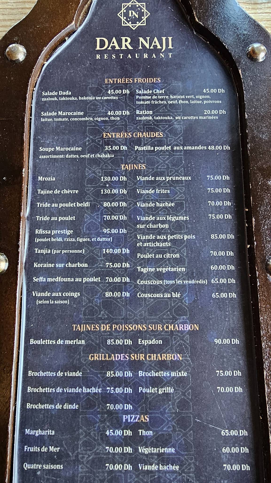 Carta del restaurante Dar Naji, Rabat, Av. des Forces Armées Royales