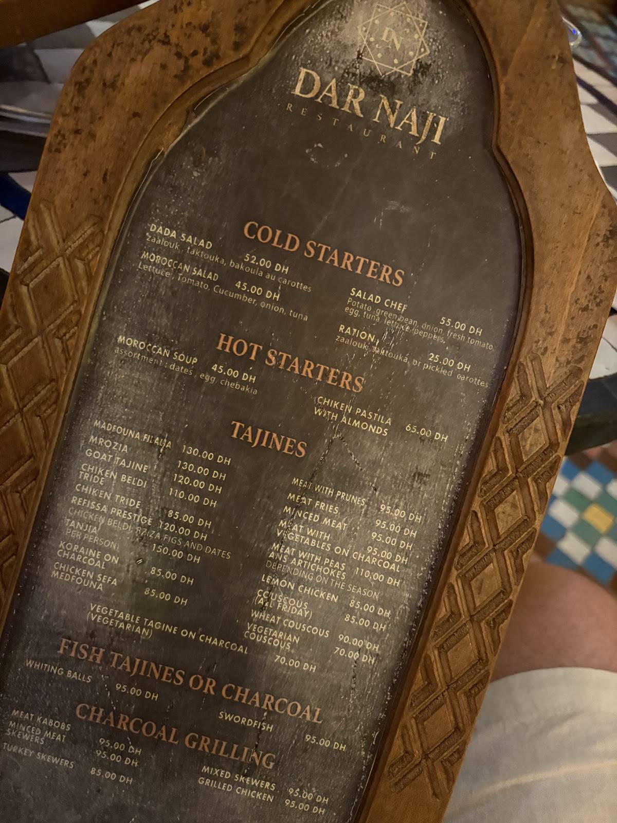Menu au Dar Naji restaurant, Marrakech