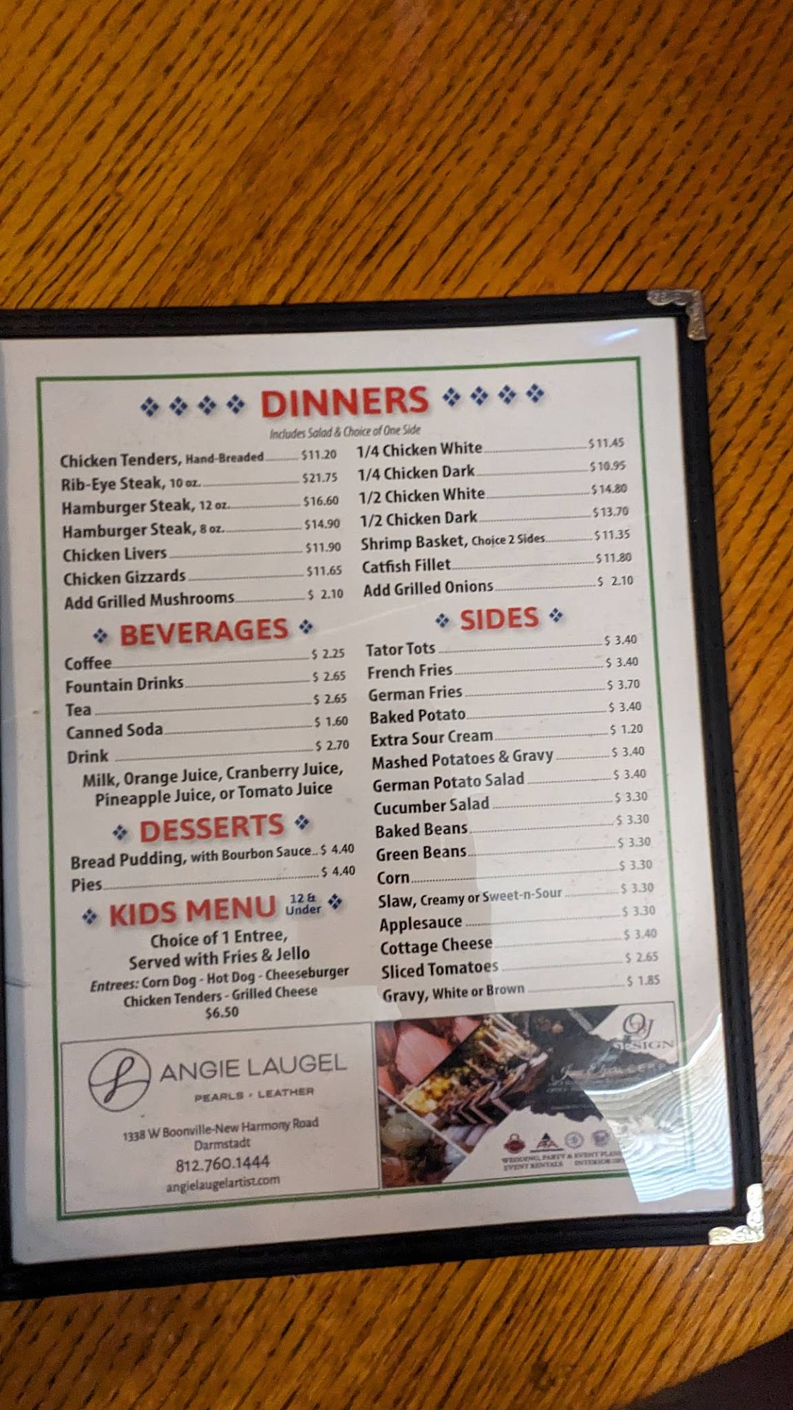 Menu at Darmstadt Inn restaurant, Evansville, Darmstadt Rd