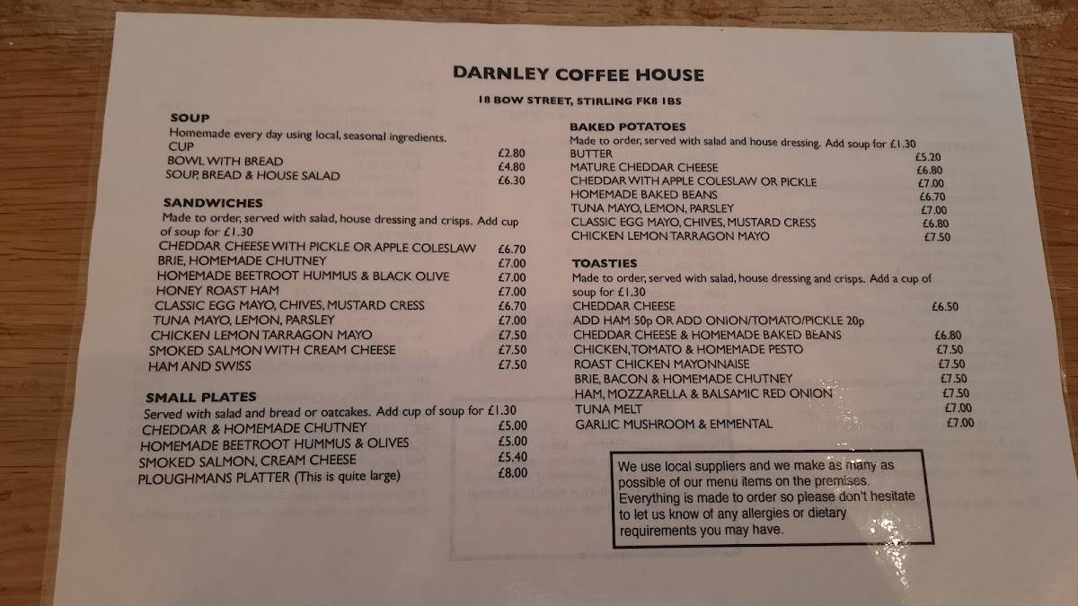 Menu at Darnley Coffee House, Stirling