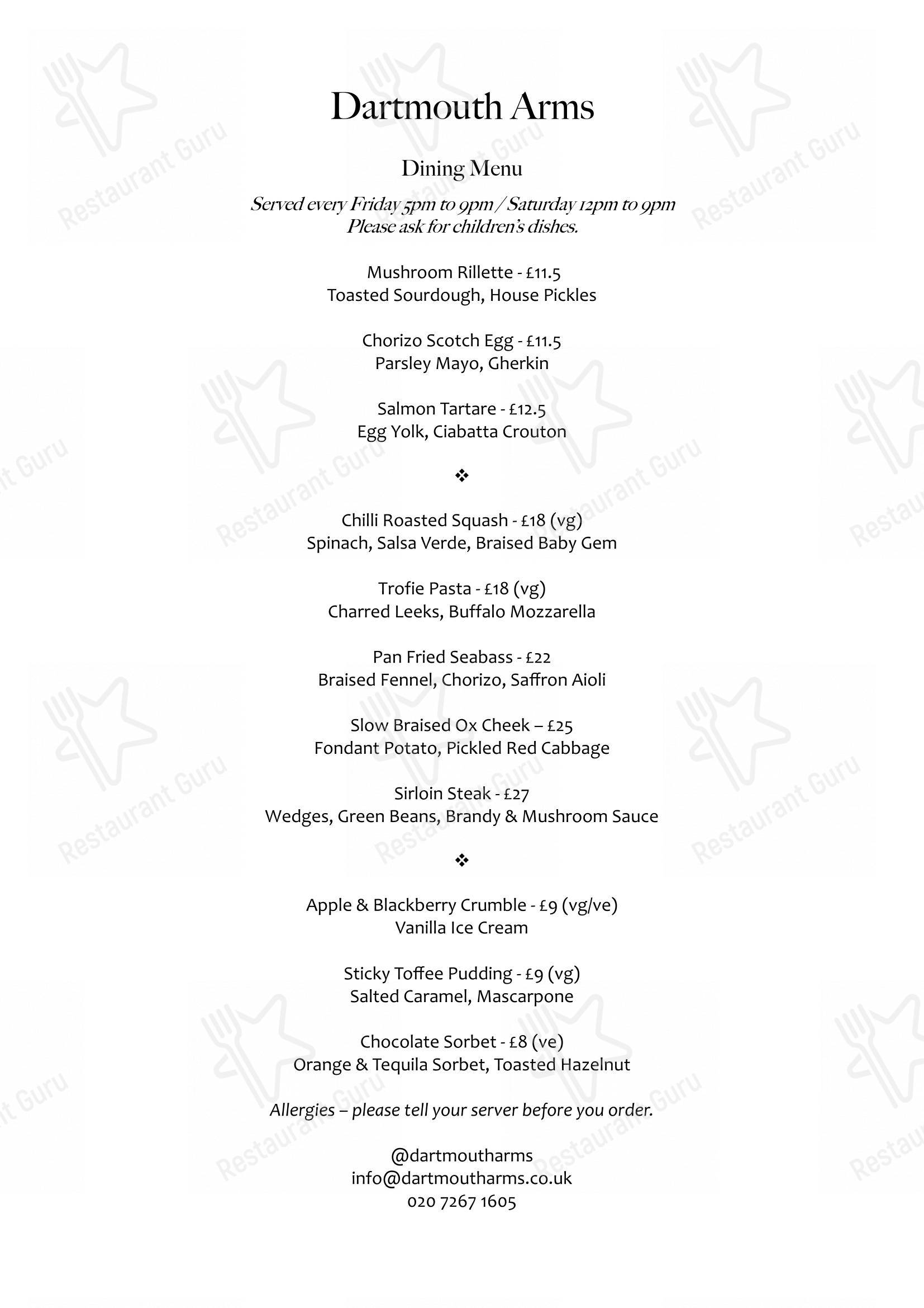 Menu at Dartmouth Arms pub & bar, London, 35 York Rise