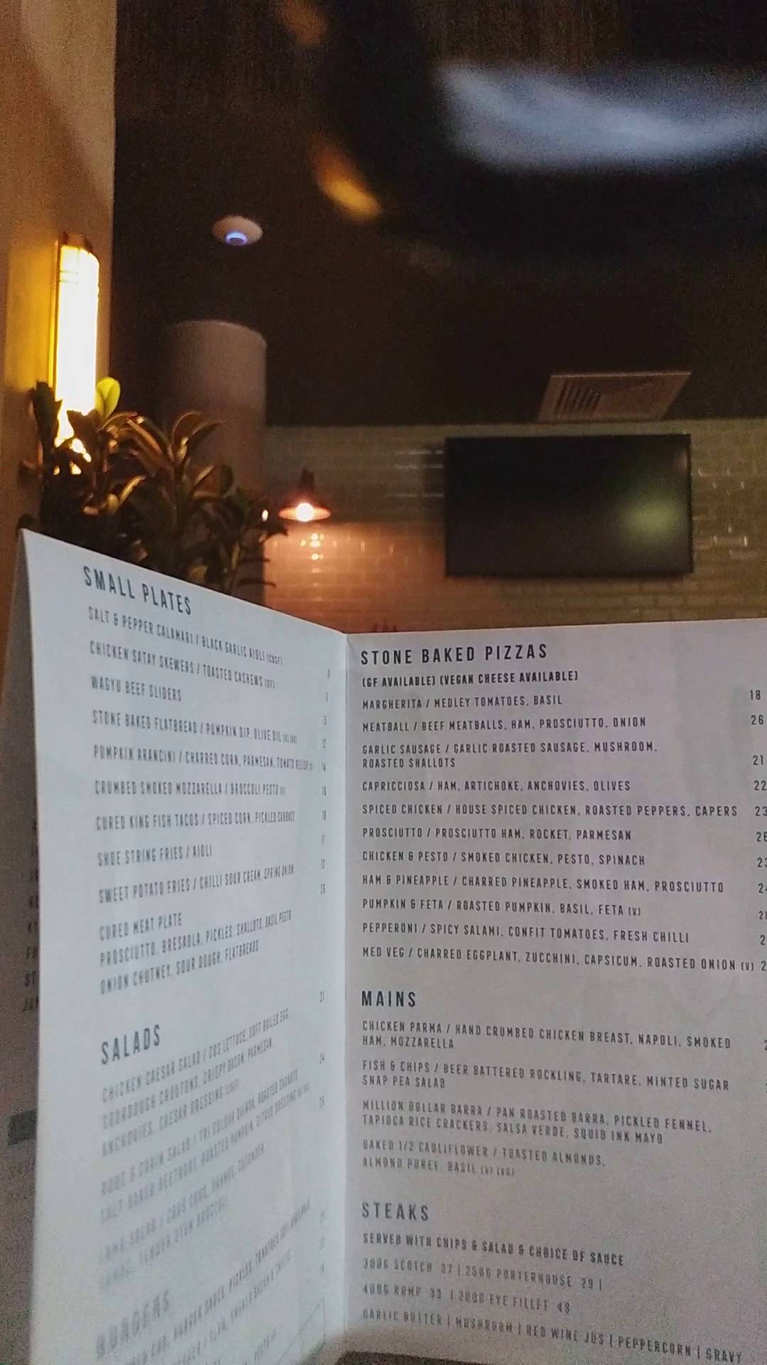 Menu at The Reserve restaurant, Darwin City