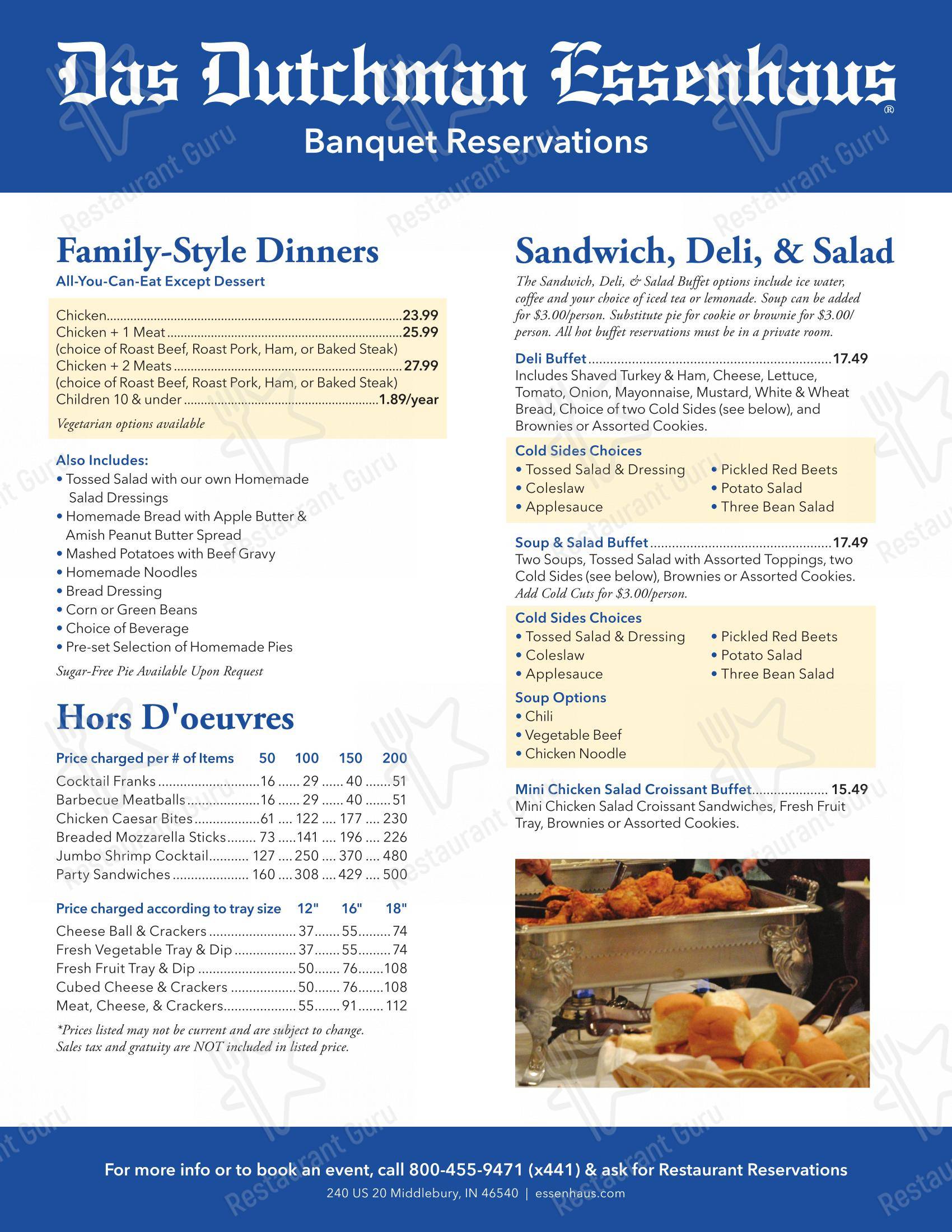 Menu at Das Dutchman Essenhaus restaurant, Middlebury, 240 US-20