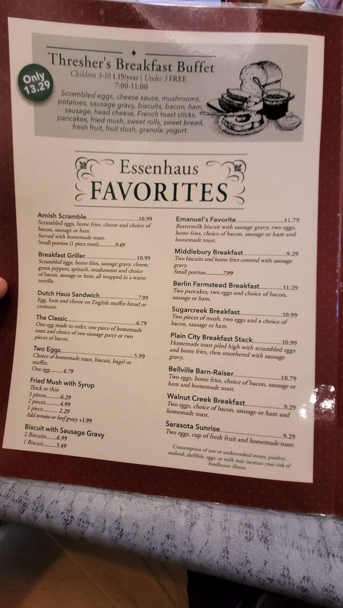 Menu at Das Dutchman Essenhaus restaurant, Middlebury, 240 US-20