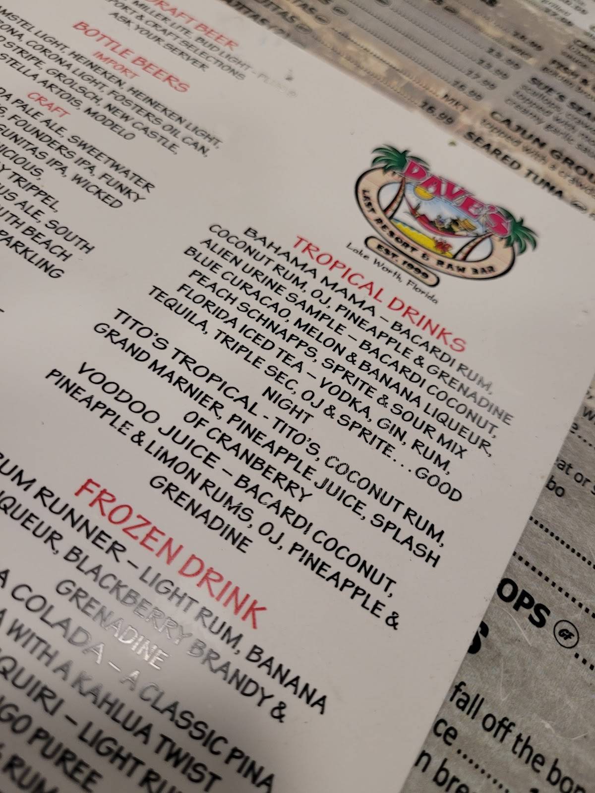 Menu at Dave's Last Resort & Raw Bar, Lake Worth
