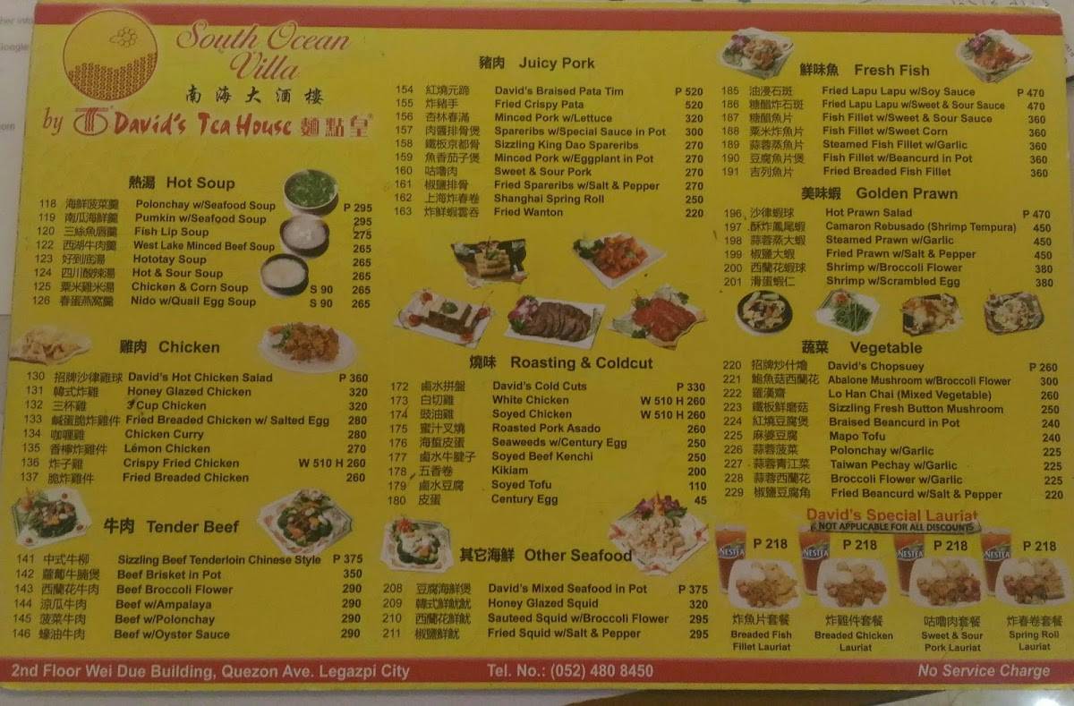 Carta de Davids Tea House - Restaurant (Legazpi, Bicol), Legazpia