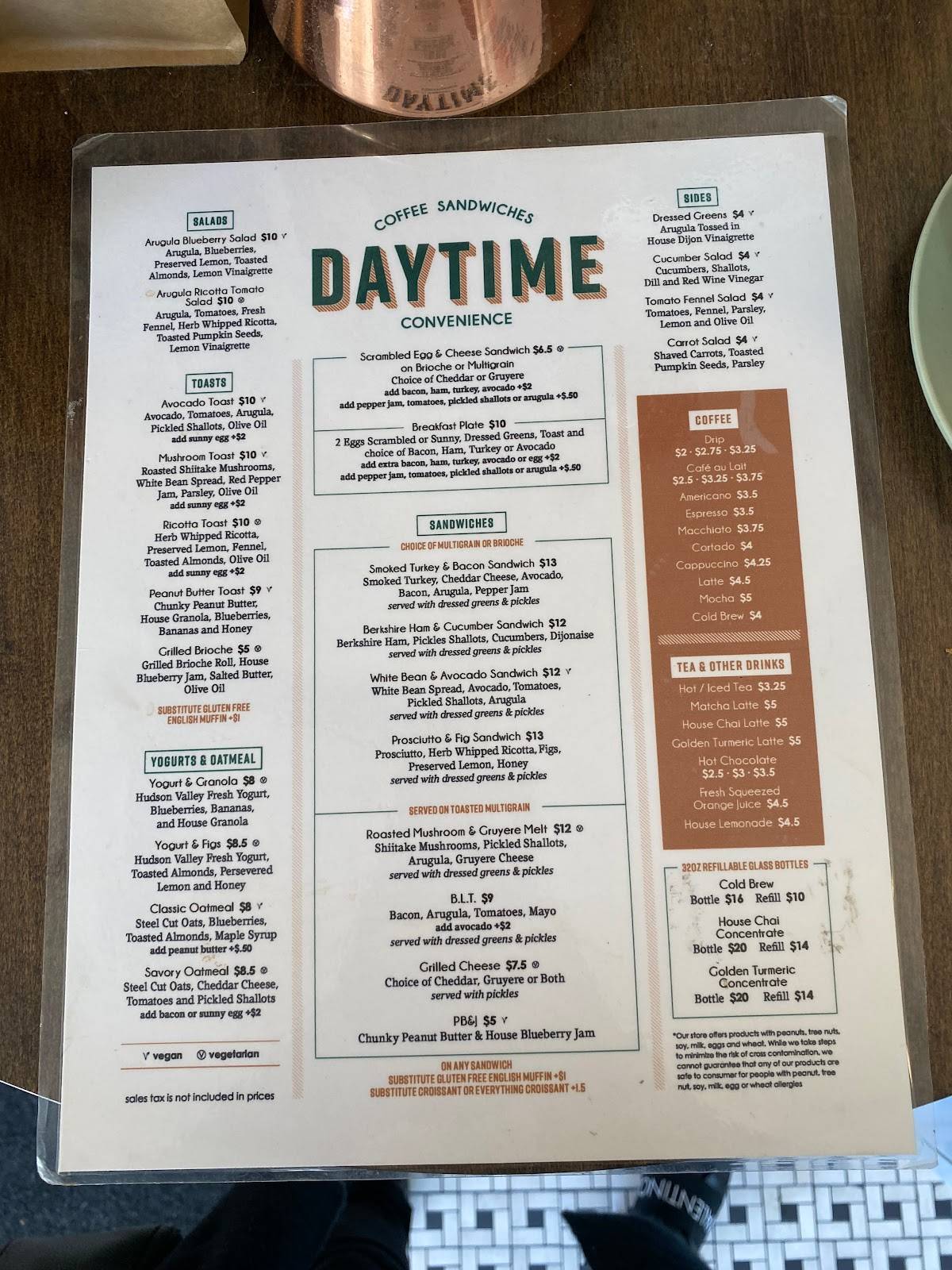 Menu at Daytime cafe, New York City, 415 Graham Ave