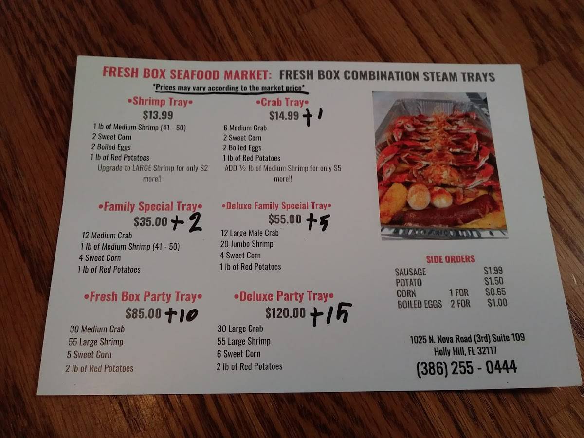 Menu at Fresh Box Seafood restaurant, Daytona Beach