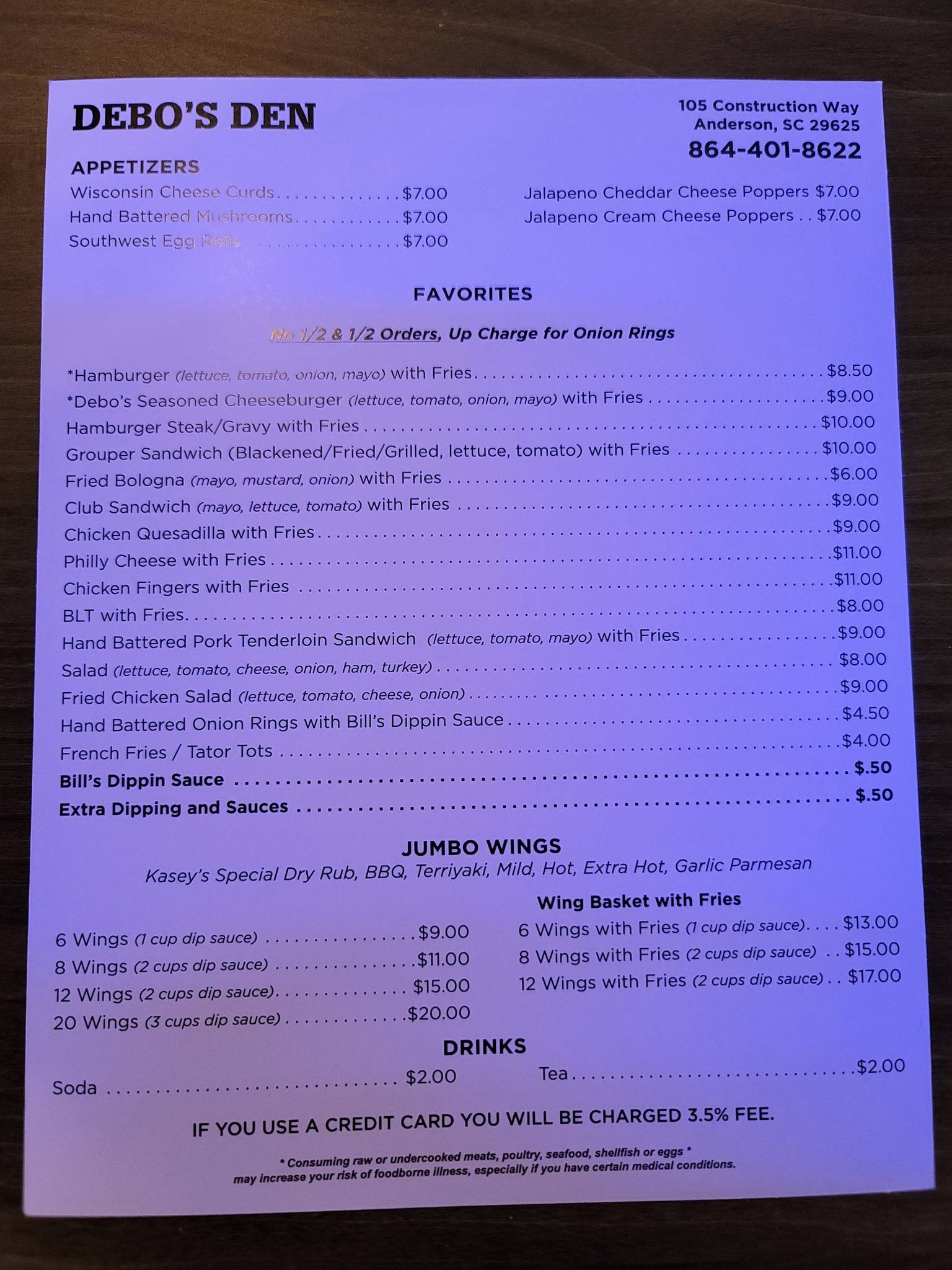 Menu at Debo's Bar & Grill, Anderson