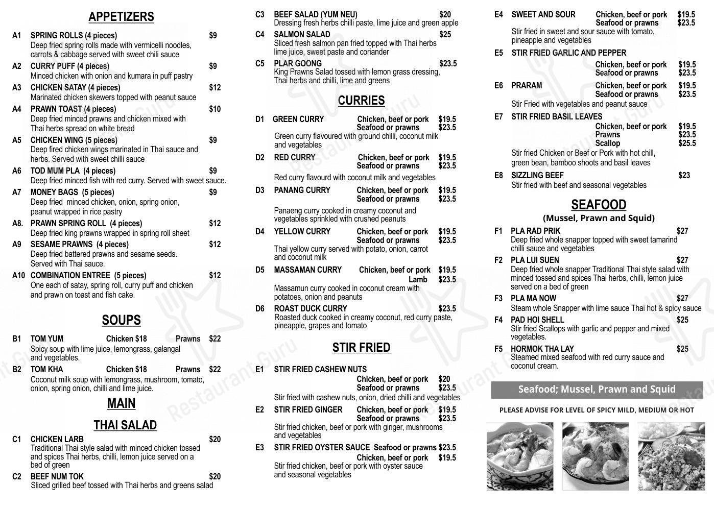 Menu at Dee Dee Thai Takeaway restaurant, Auckland