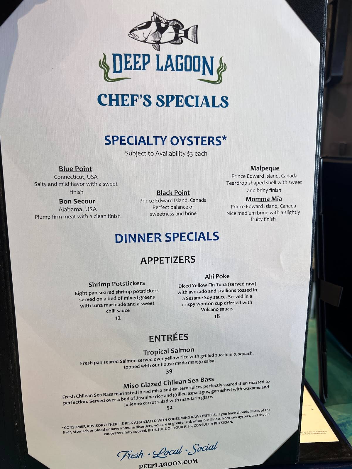 Menu at Deep Lagoon Seafood and Oyster House restaurant, Osprey