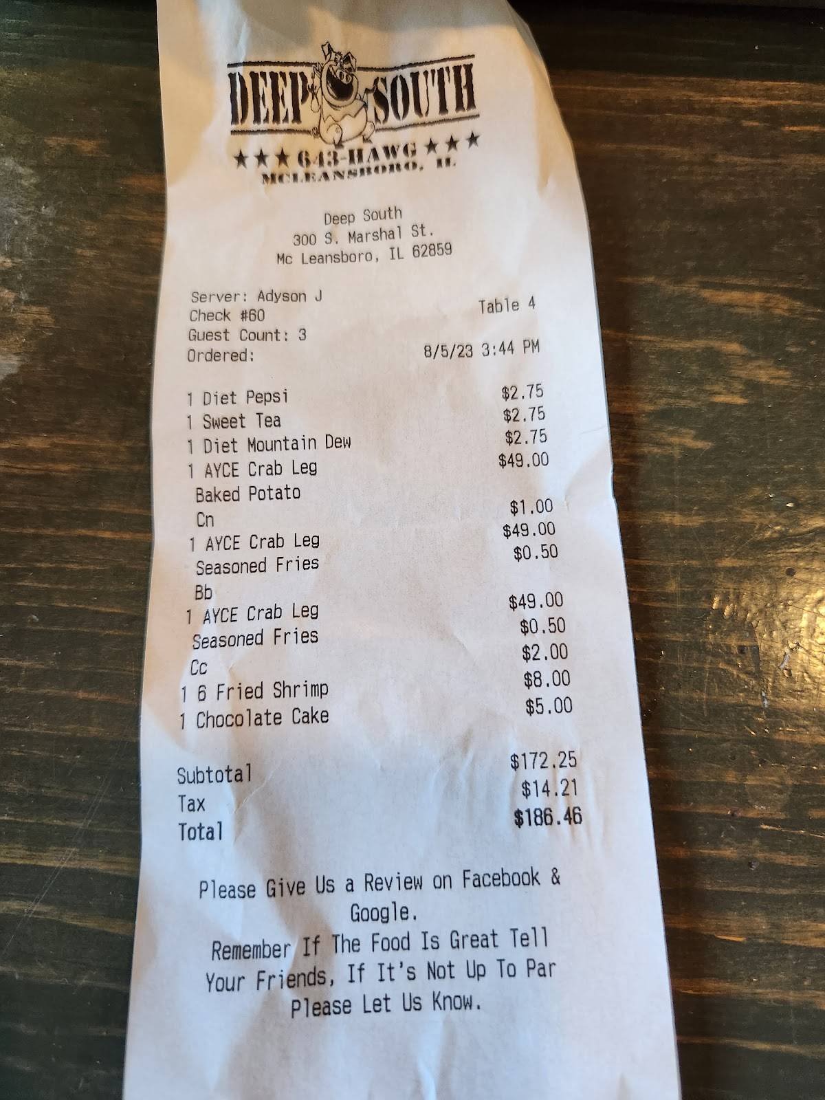Menu at Deep South pub & bar, McLeansboro