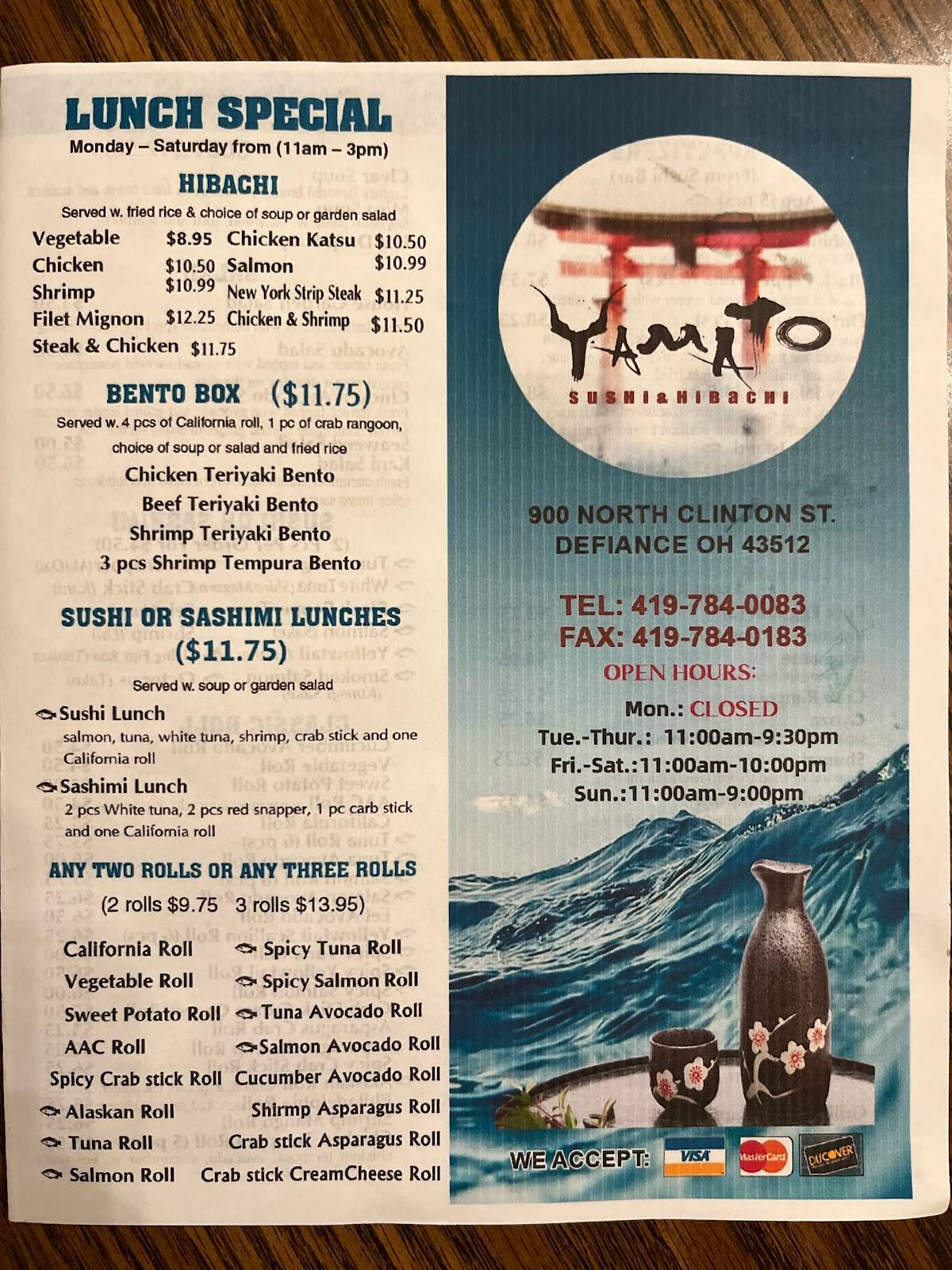 Menu at Yamato Steakhouse of Japan, Defiance