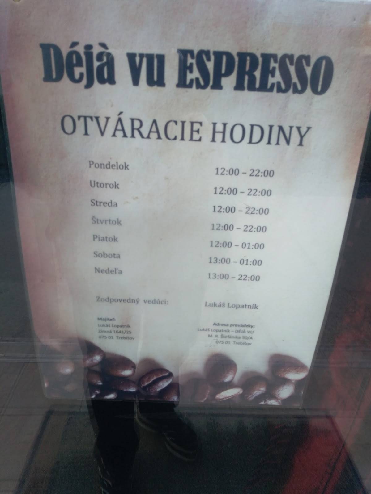 Menu at Déjà Vu Espresso pub & bar, Trebišov
