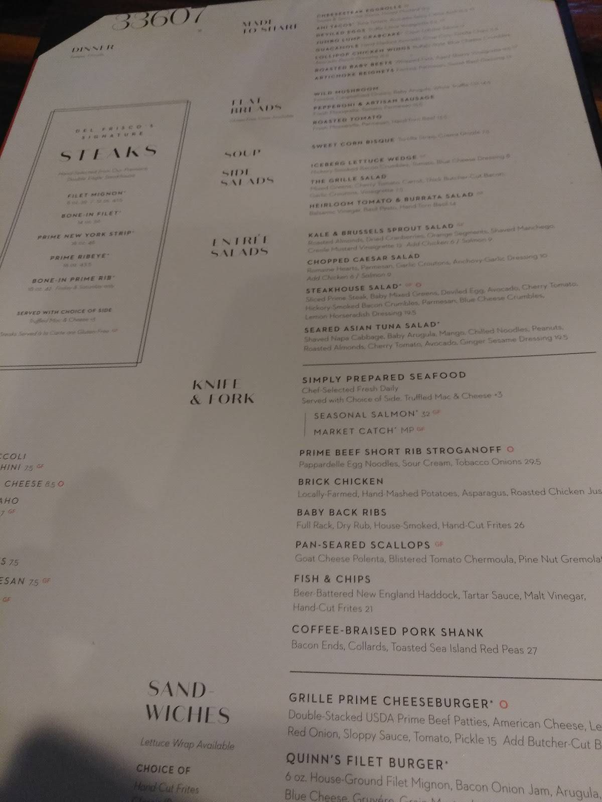 Menu at Del Frisco's Grille pub & bar, Tampa