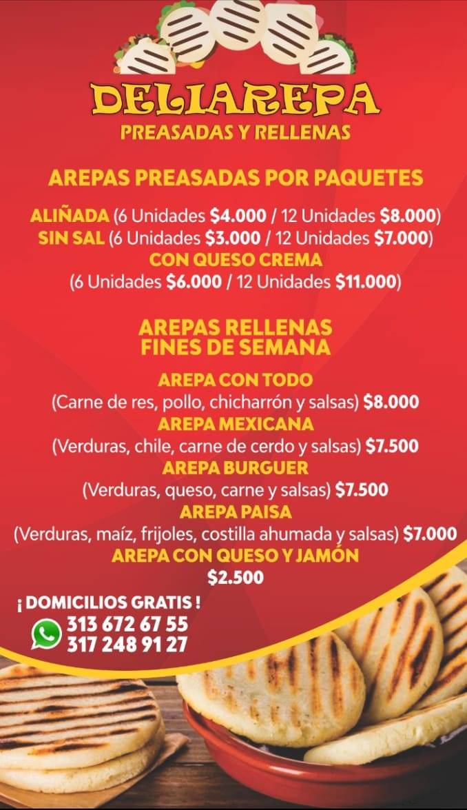 Menu at Deliarepa Arepas preasadas y rellenas, hamburguesas restaurant ...