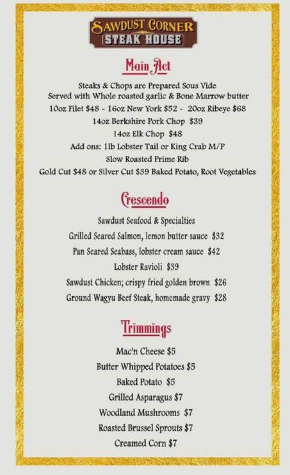 Menu at Delta Saloon sawdust corner restaurant, Virginia City