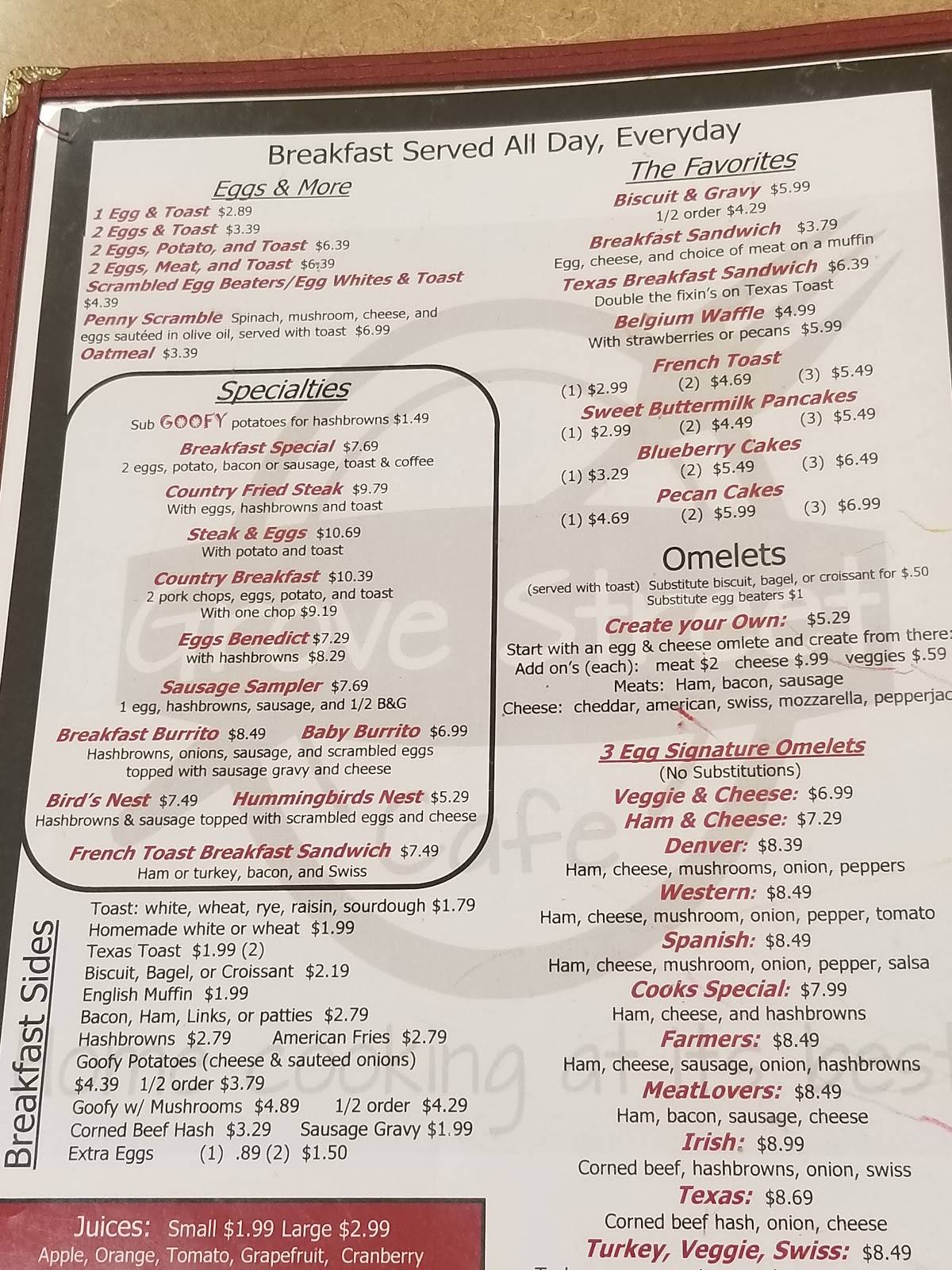 Menu at Grove Street Cafe, Delton