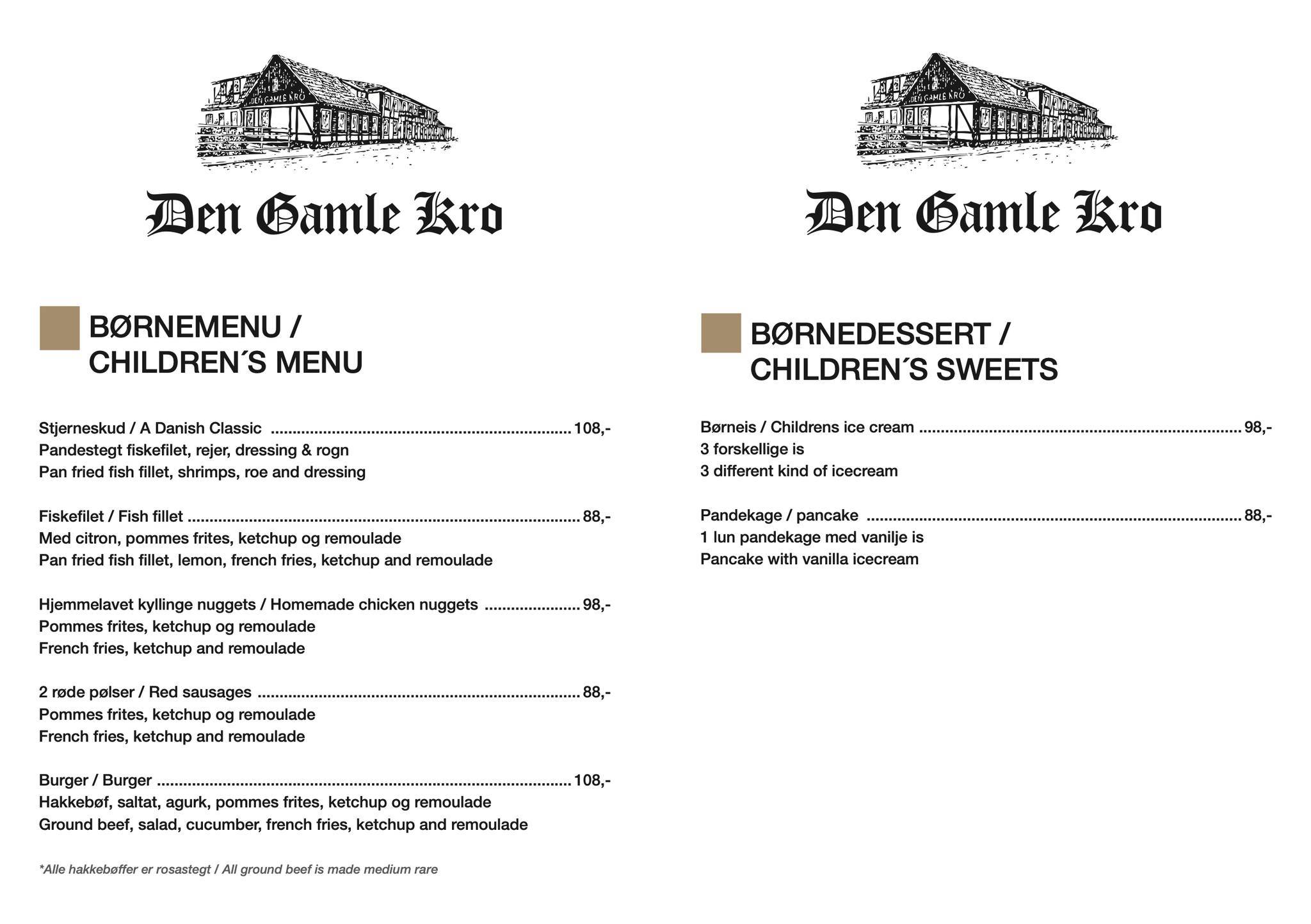 Menu at Den Gamle Kro restaurant, Hornslet