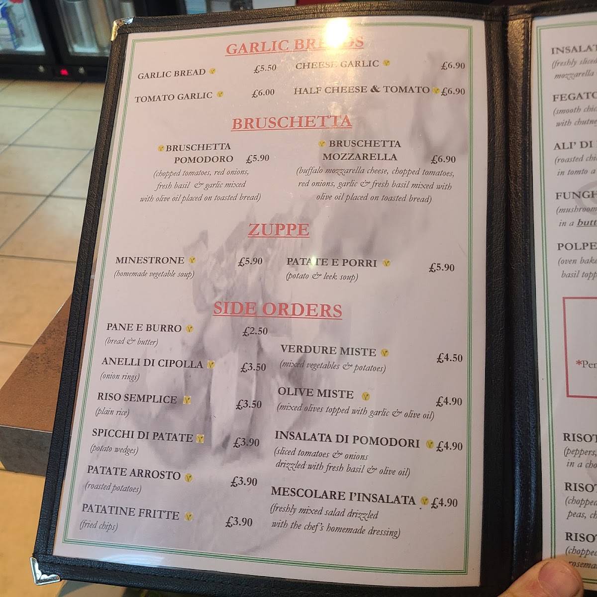 Menu at San Remo restaurant, Manchester