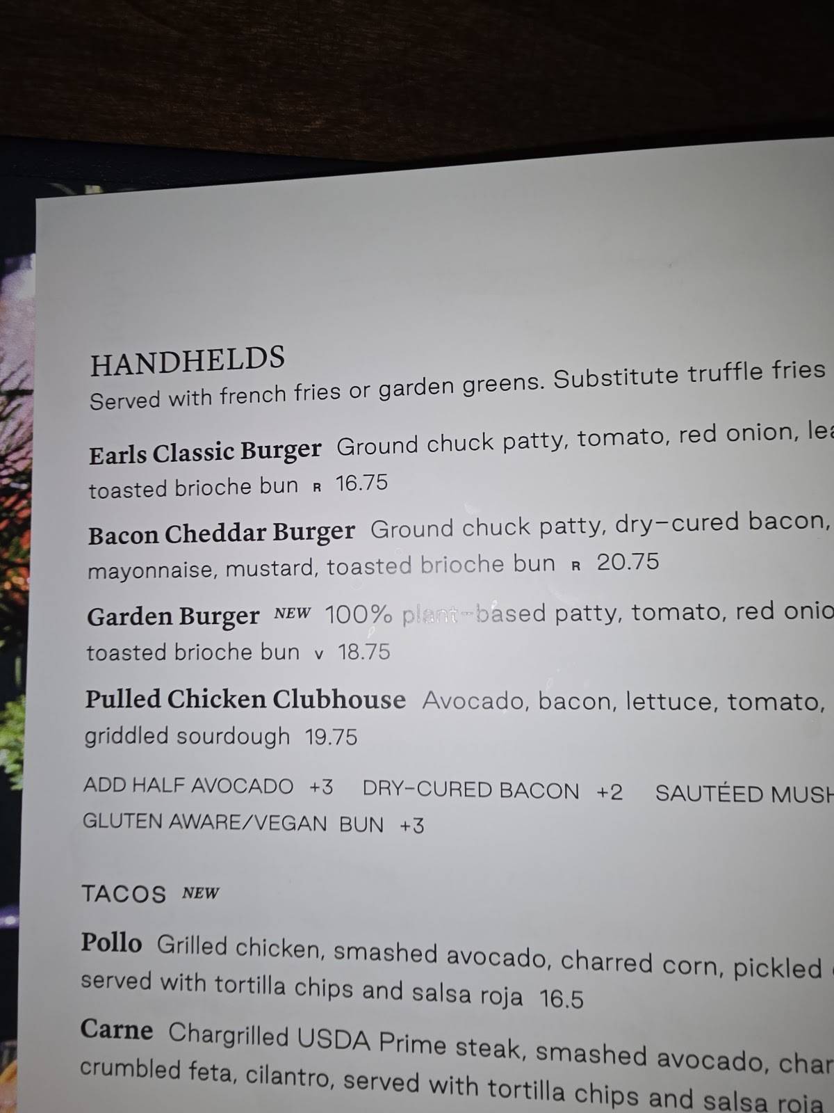 Menu at Earls Kitchen + Bar, Lone Tree, Park Meadows Center Dr