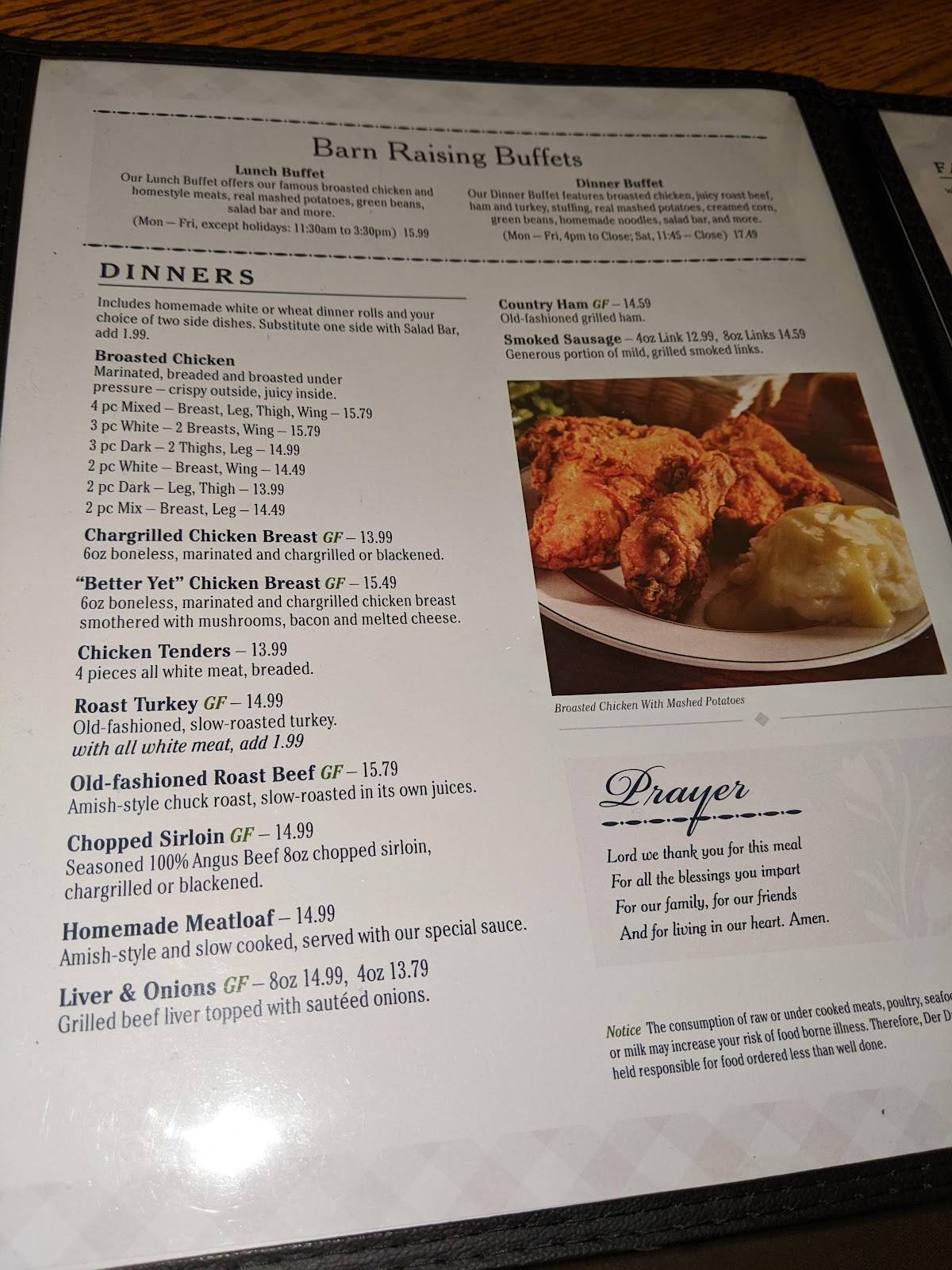 Menu at Der Dutchman restaurant, Sarasota, Bahia Vista St