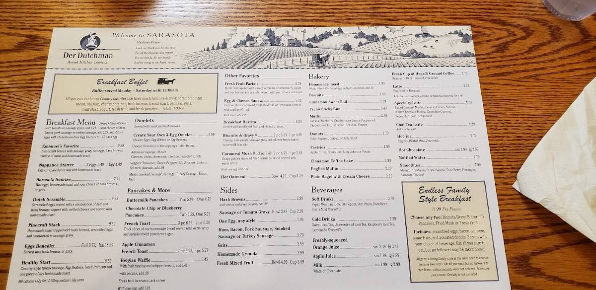 Menu at Der Dutchman restaurant, Sarasota, Bahia Vista St