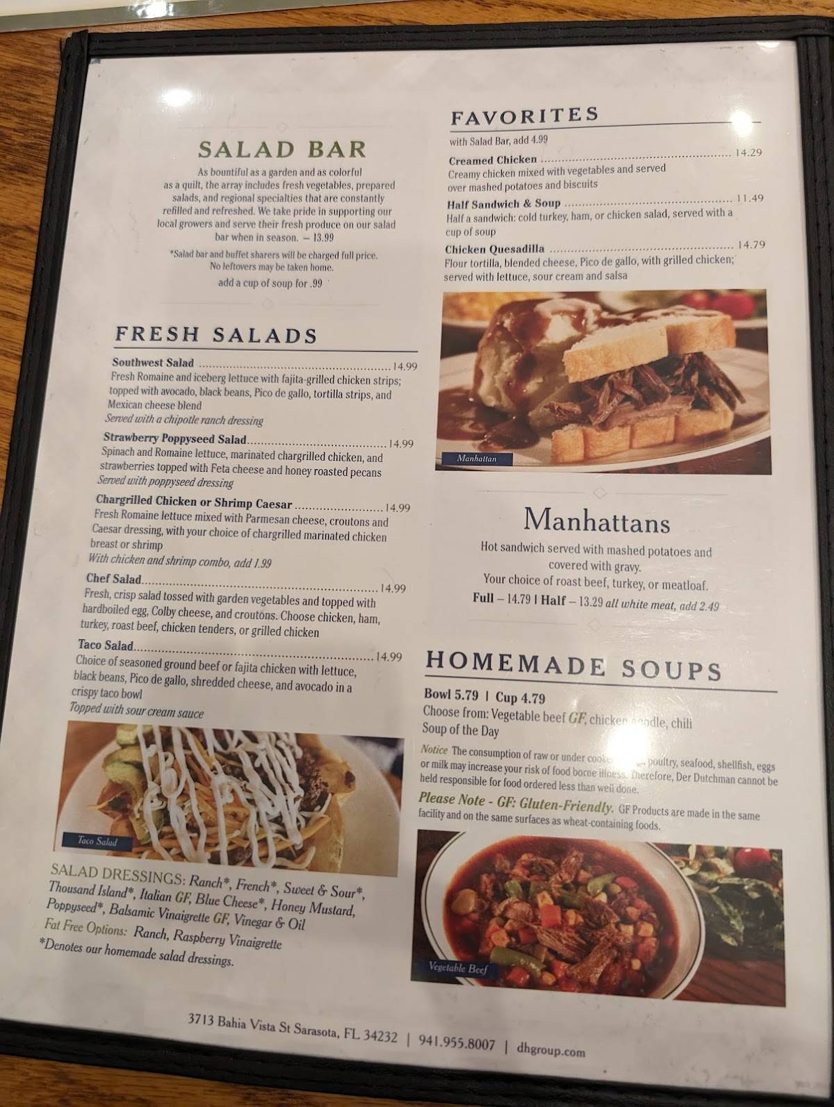 Menu at Der Dutchman restaurant, Sarasota, Bahia Vista St