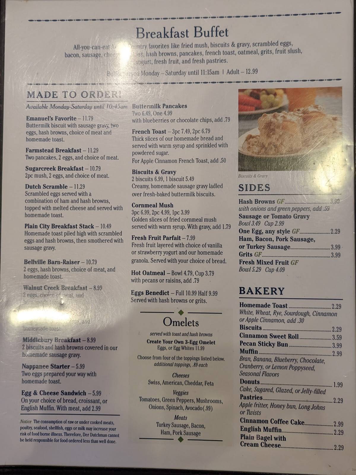 Menu at Der Dutchman restaurant, Sarasota, Bahia Vista St