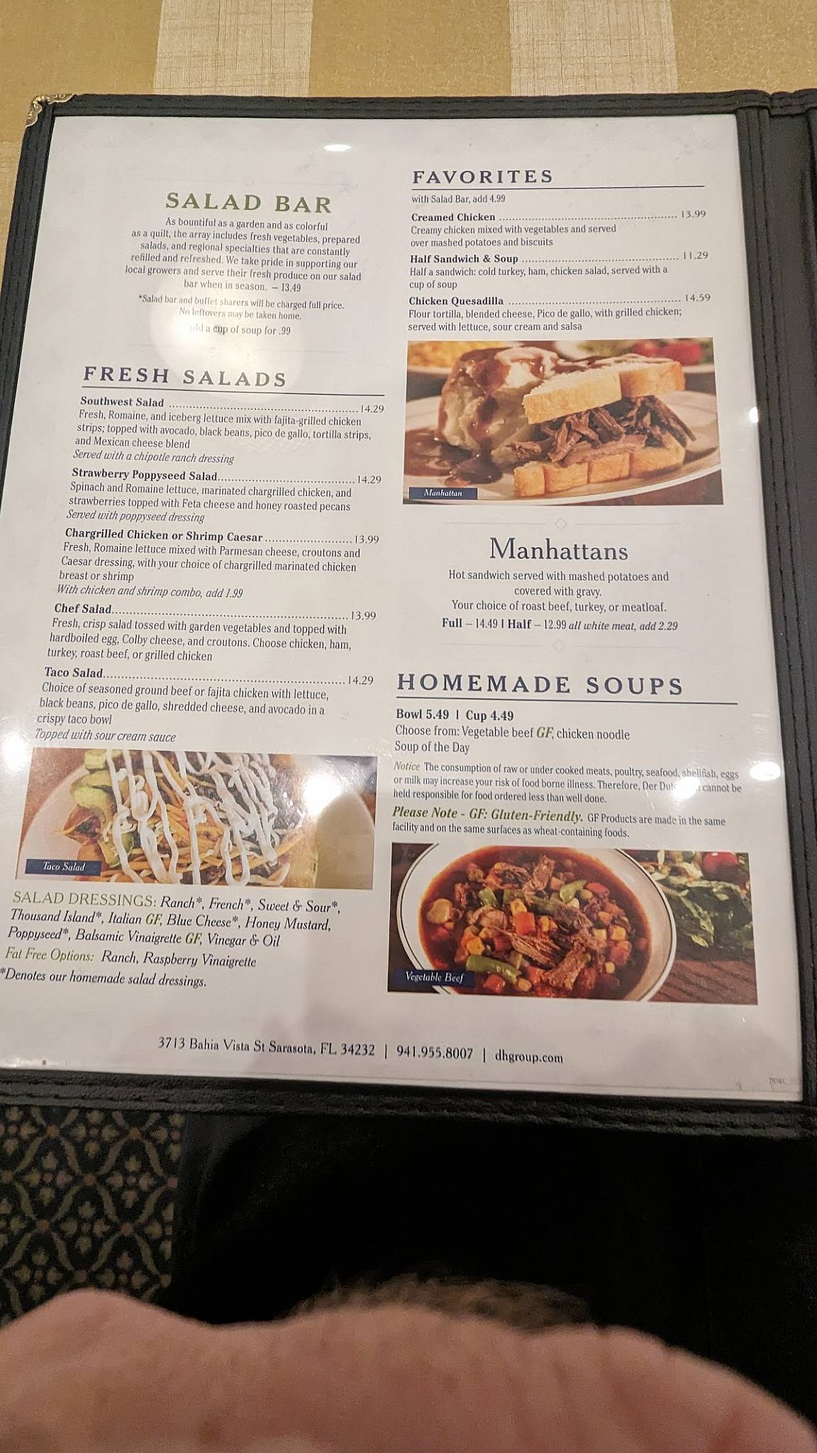 Menu at Der Dutchman restaurant, Sarasota, Bahia Vista St
