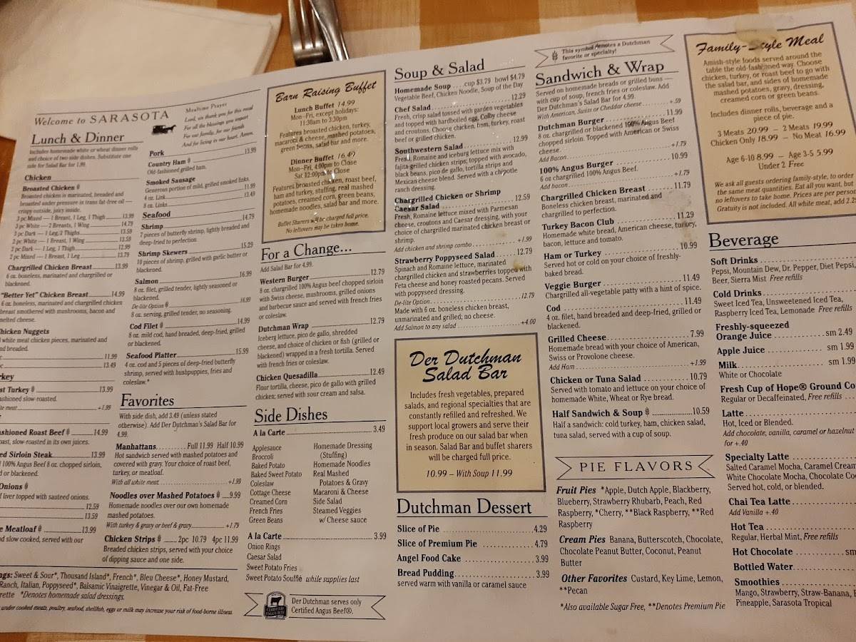 Menu at Der Dutchman restaurant, Sarasota, Bahia Vista St