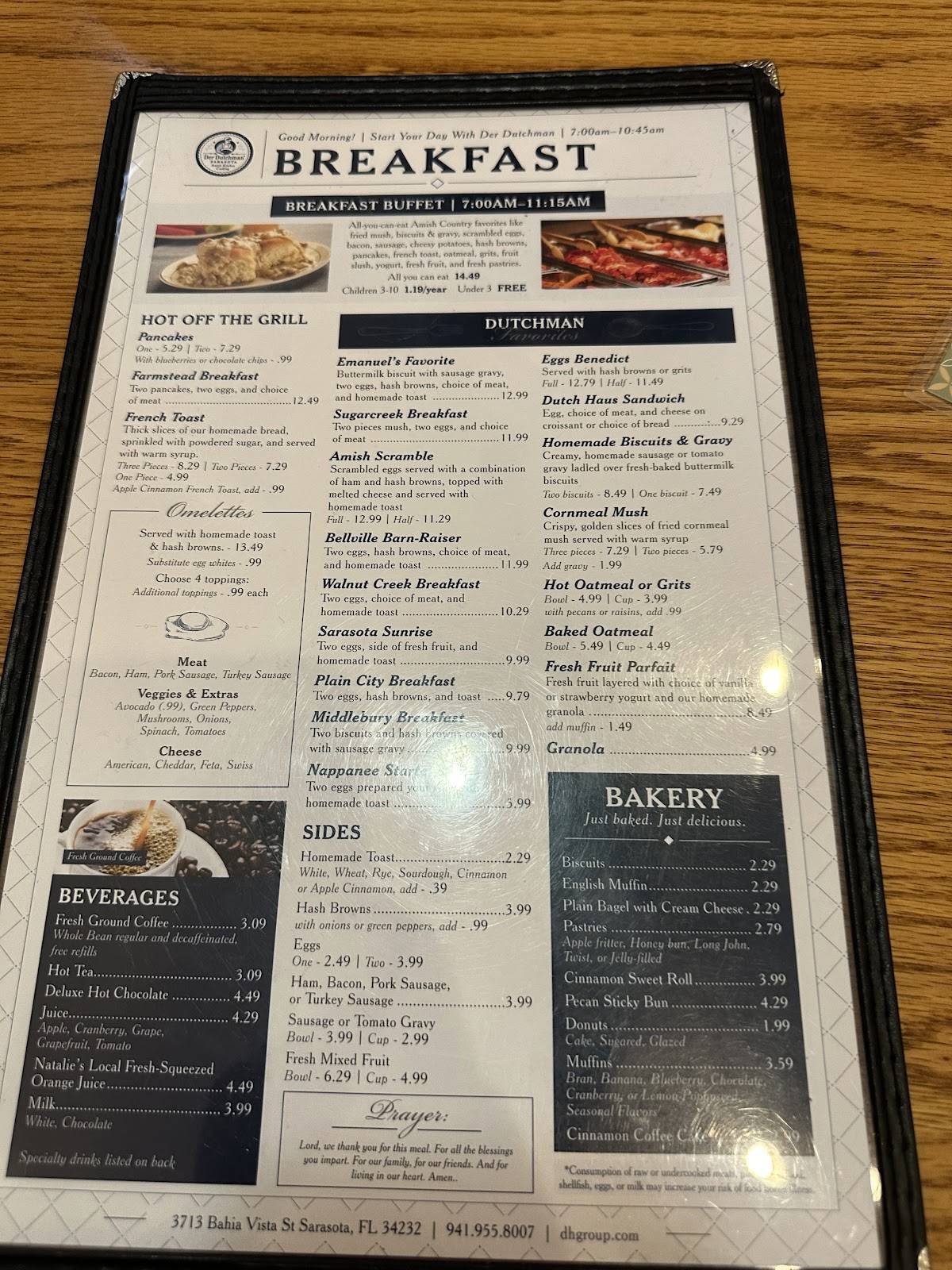 Menu at Der Dutchman restaurant, Sarasota, Bahia Vista St
