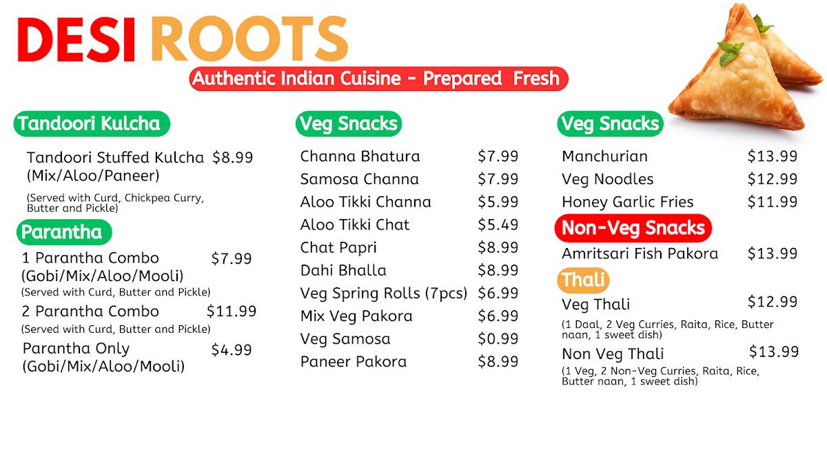 Menu at Desi Roots restaurant, Newmarket
