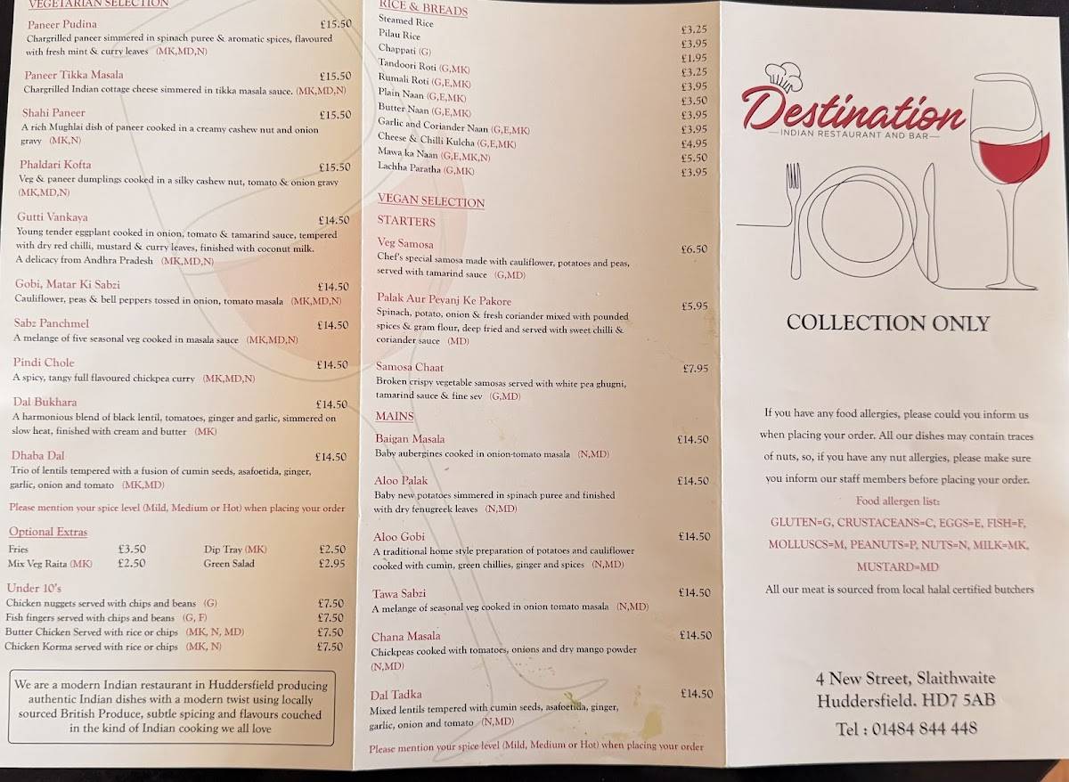 Menu at Destination Indian Restaurant & Bar, Huddersfield