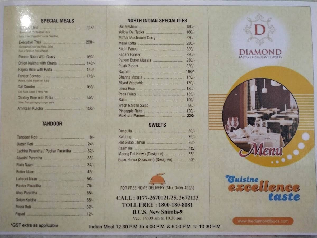 Menu at Diamond Best Bakery Sweets, Restaurant & Groceries, Shimla