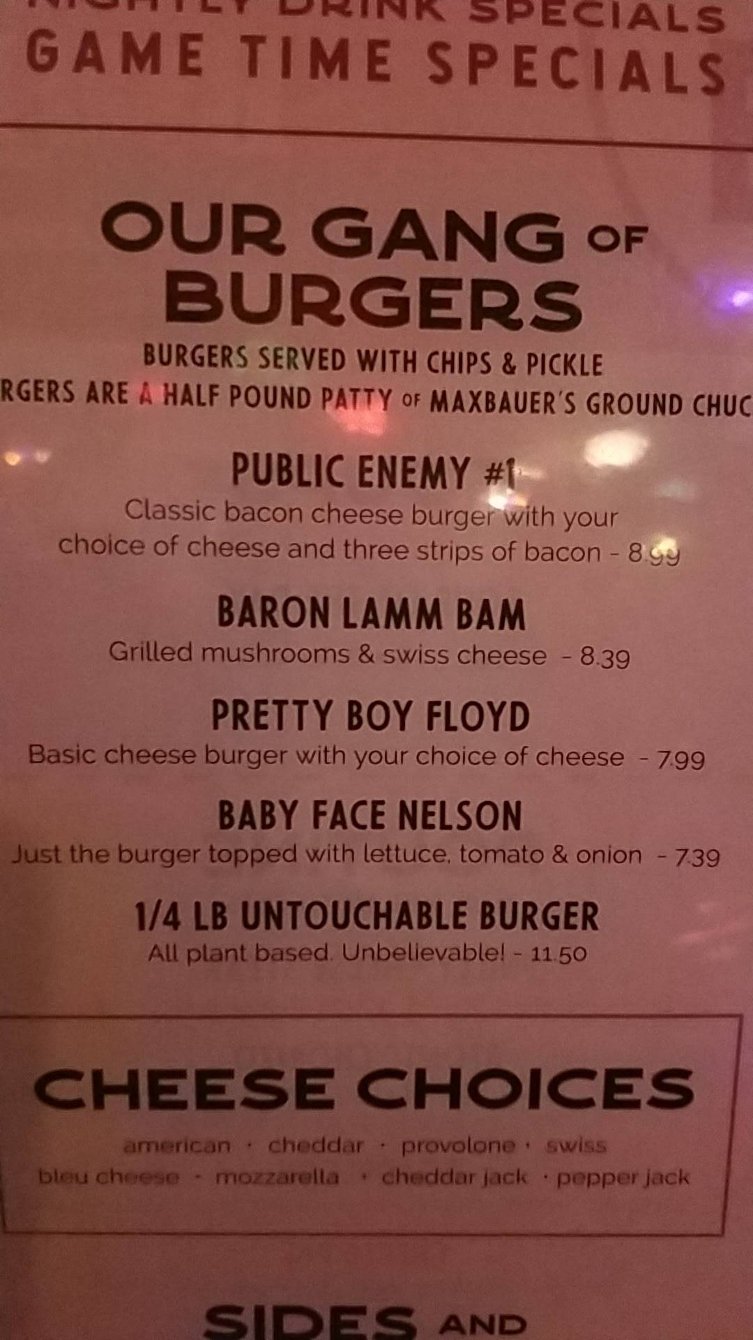 Menu at Dillinger's Pub, Traverse City
