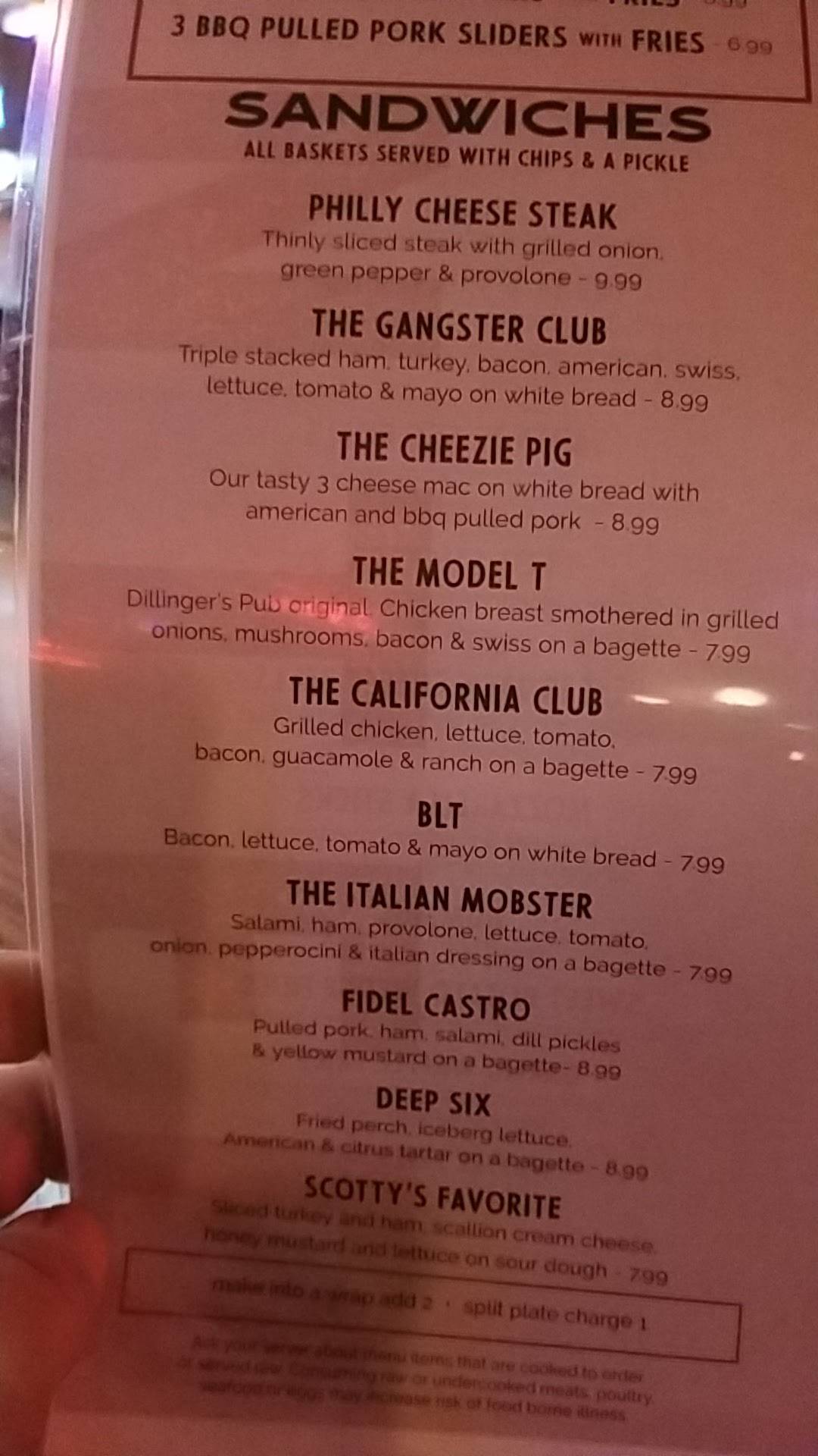 Menu at Dillinger's Pub, Traverse City