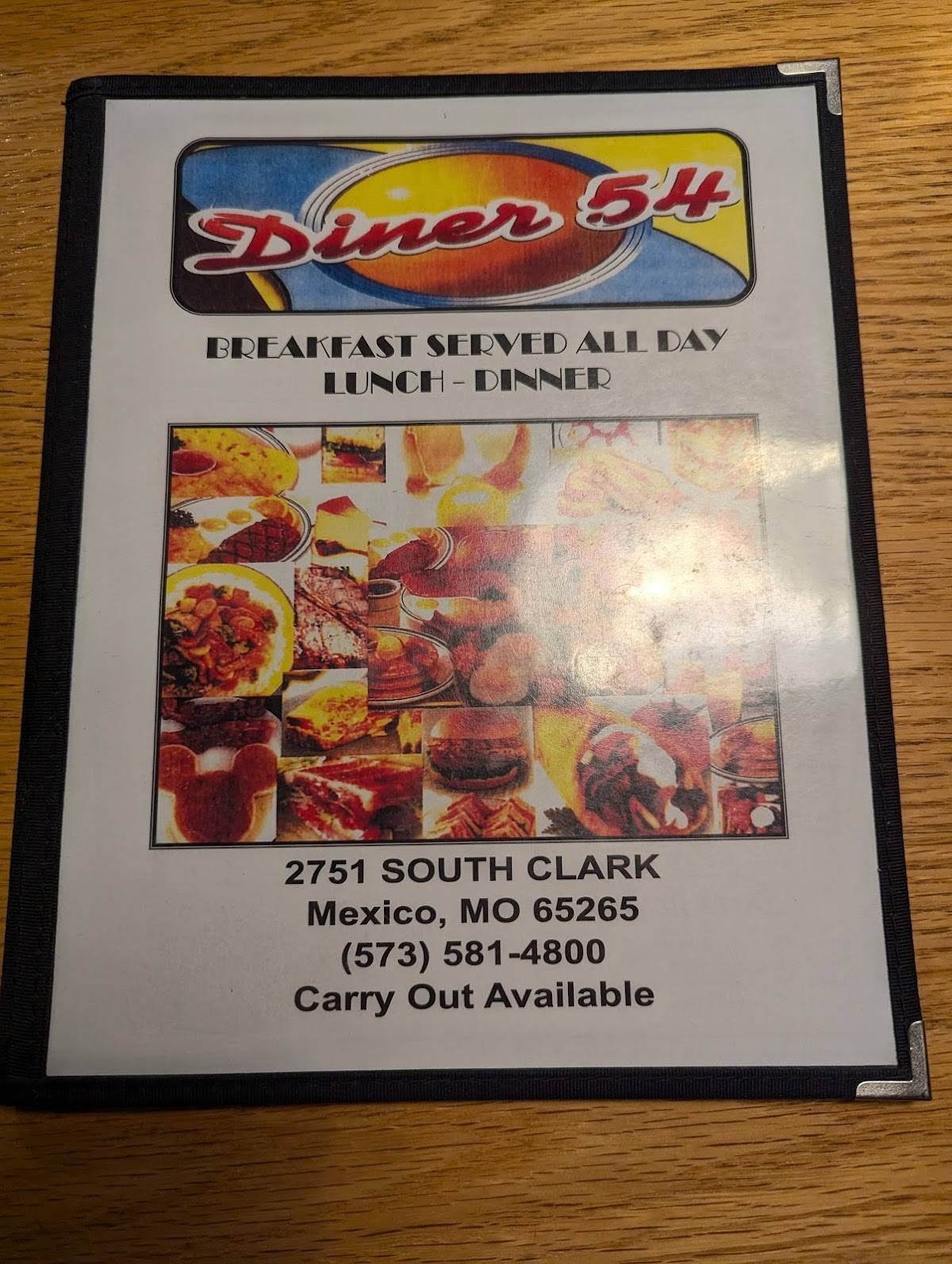 Menu at Diner 54 restaurant, Mexico