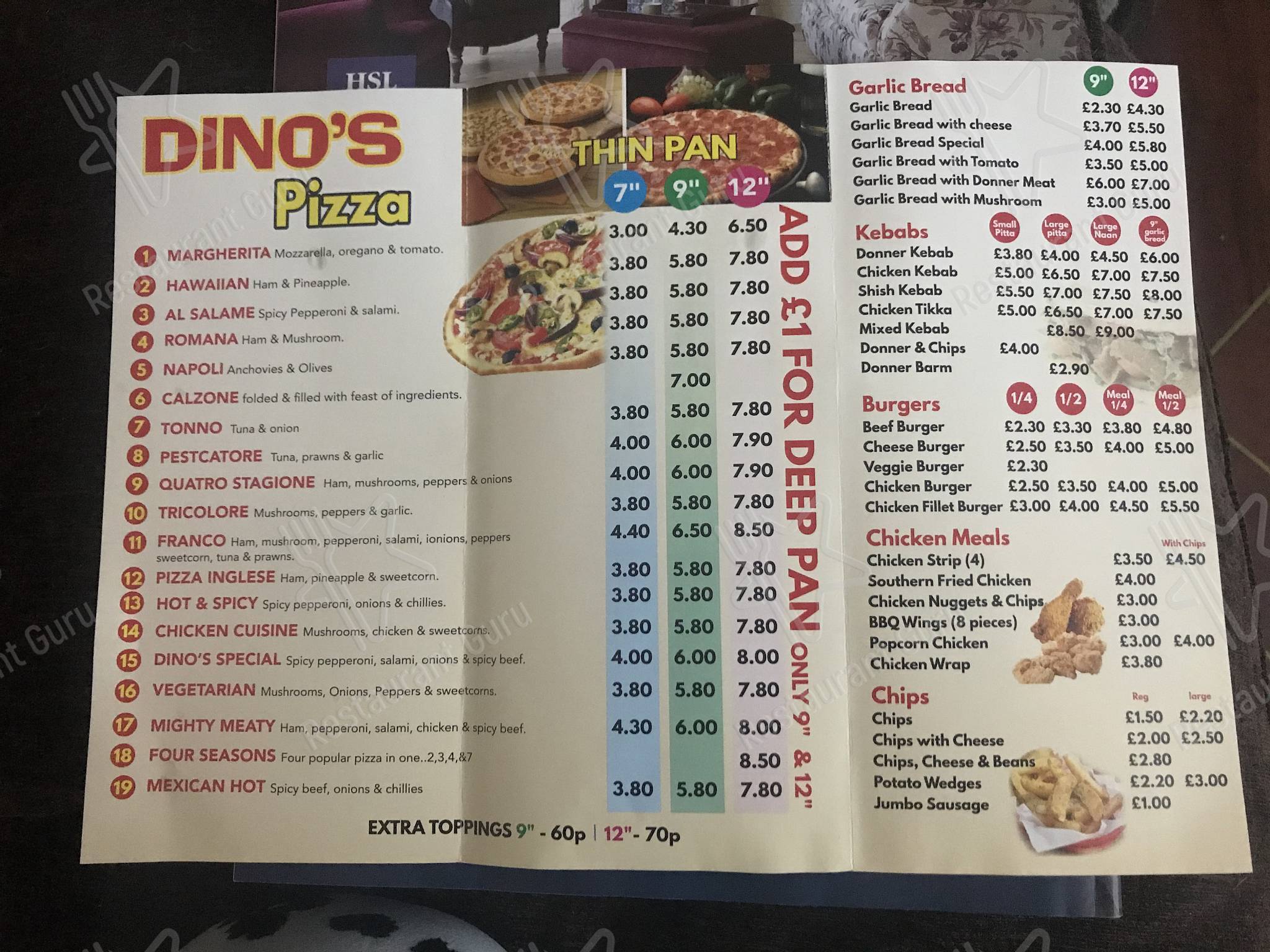Menu at Dino's Take Away restaurant, Bolton