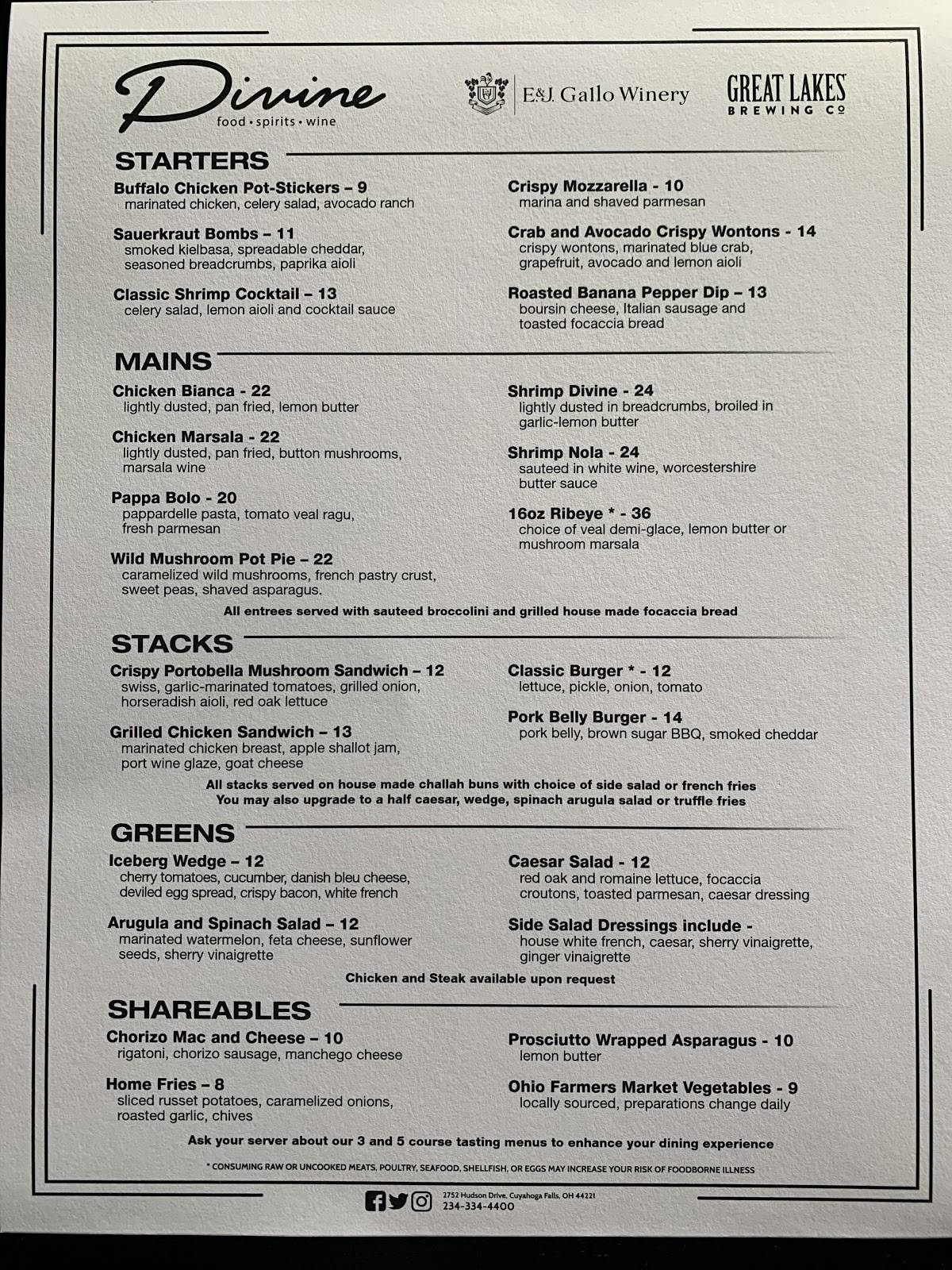 Menu at Divine Restaurant, Cuyahoga Falls
