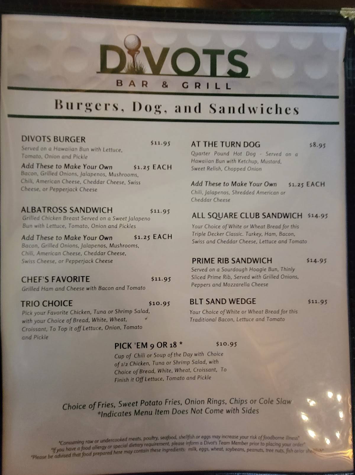 Menu at Divots Bar & Grill, Laguna Vista