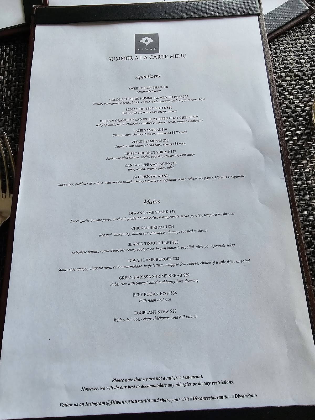 Menu at Diwan restaurant, Toronto, Aga Khan Museum