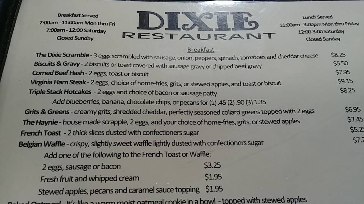 Menu at Dixie Restaurant, Petersburg