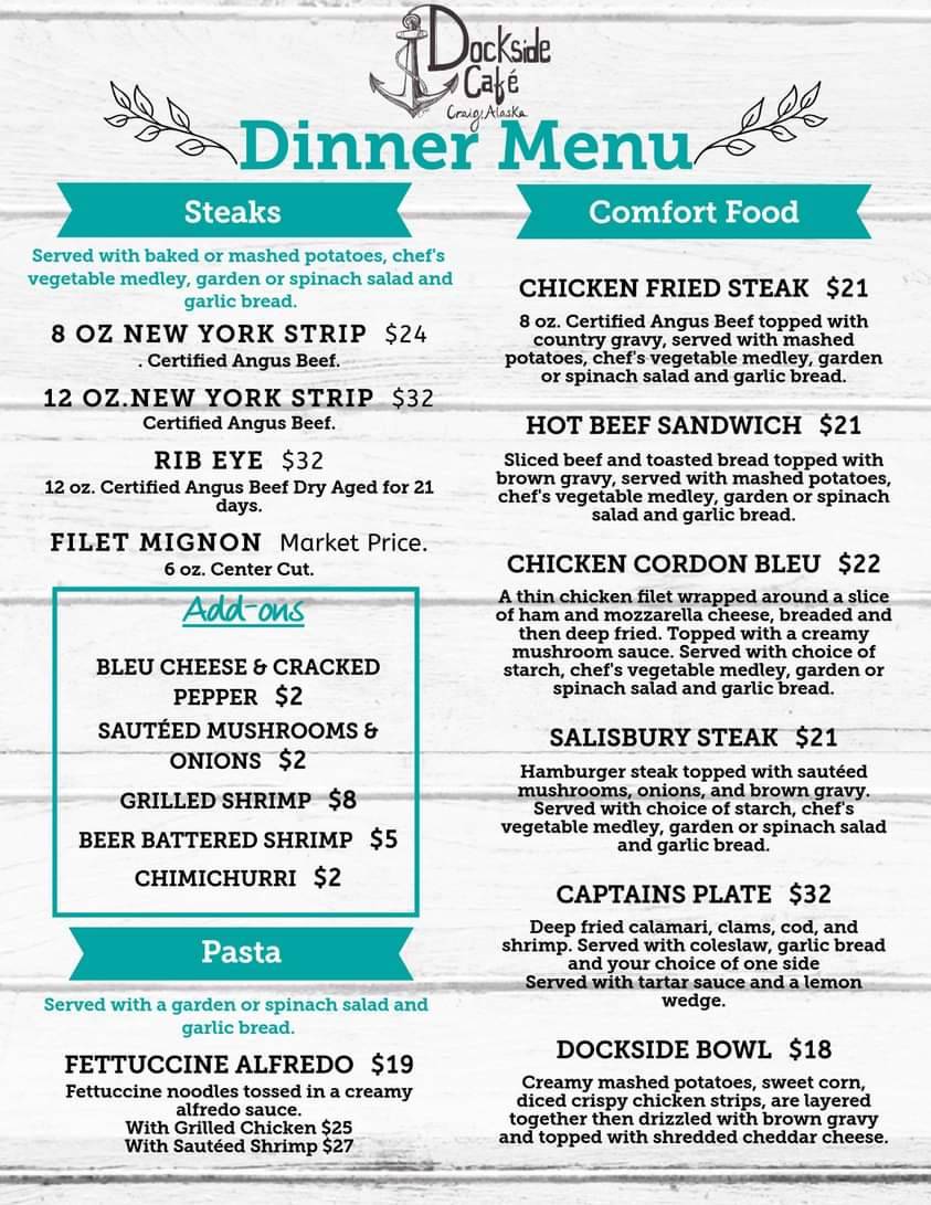 Menu at Dockside Cafe, Craig