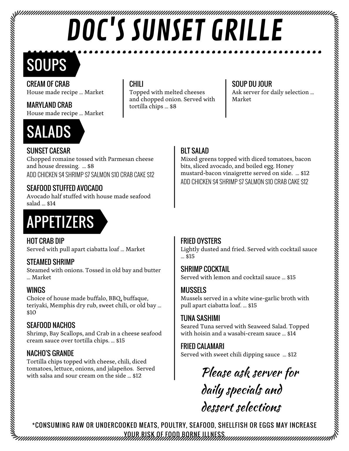 Menu at Doc's Sunset Grille restaurant, Oxford